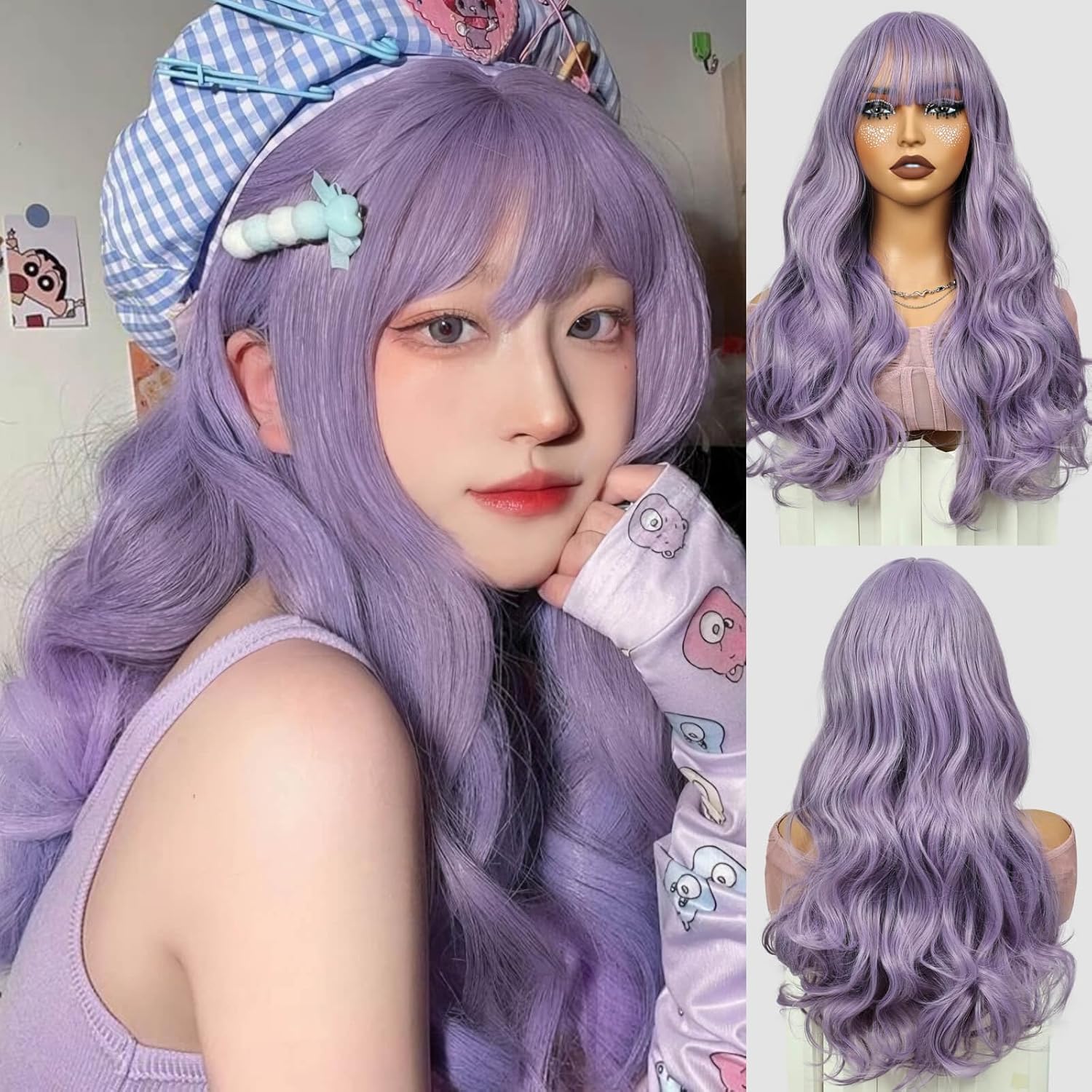 Creamily Long Purple Wig with Bangs, Long Curly Wig with Bangs for ...