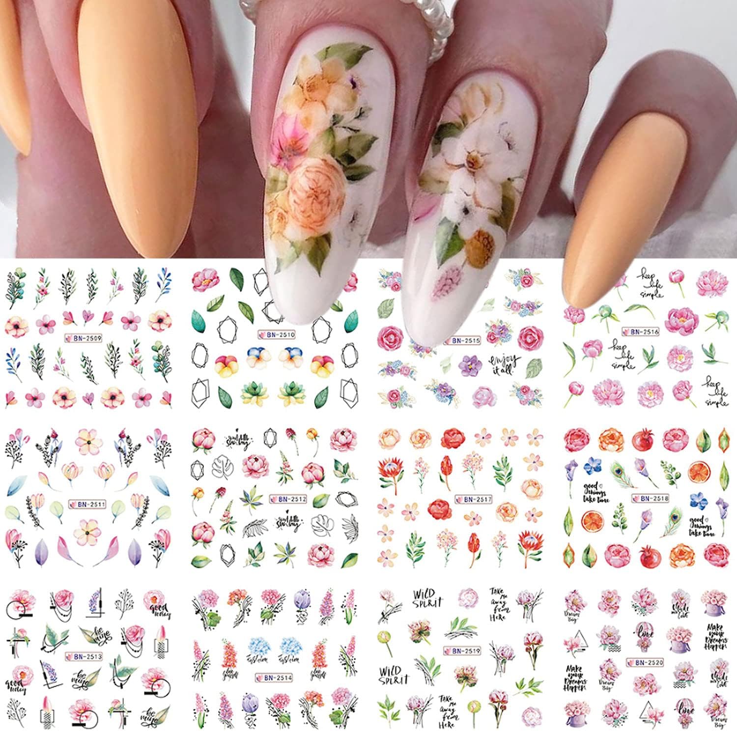 Amazon.com: Flower Nail Art Stickers Blooming Flower Water Transferr ...