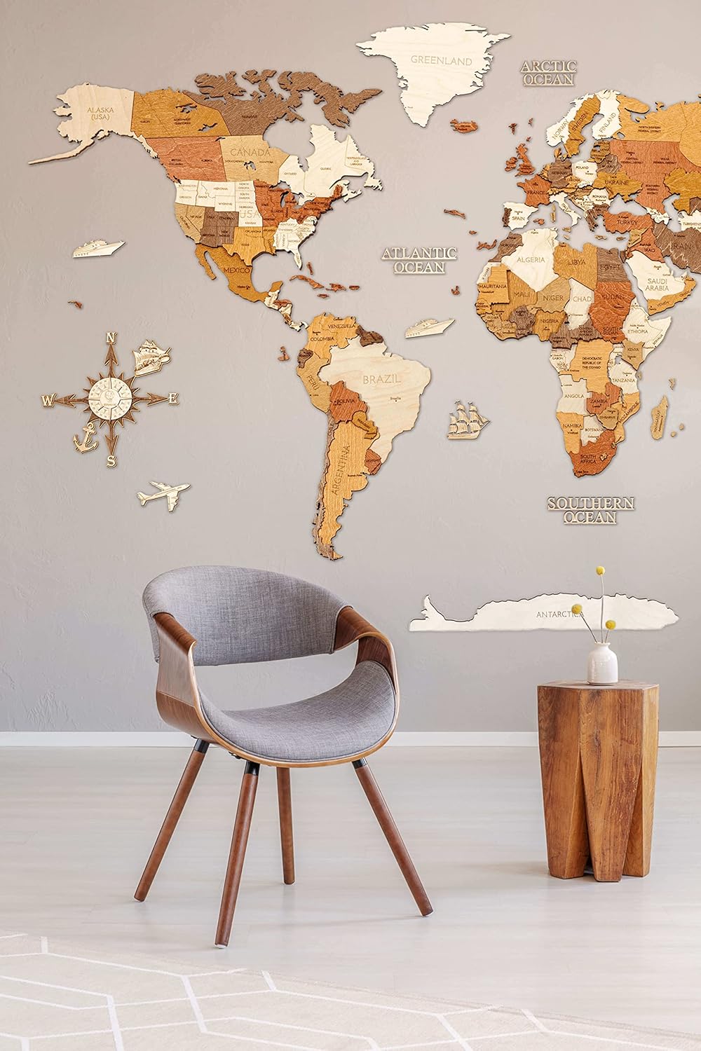Wooden World Map Wall Decoration - Multilayered, Multicolour Stained ...