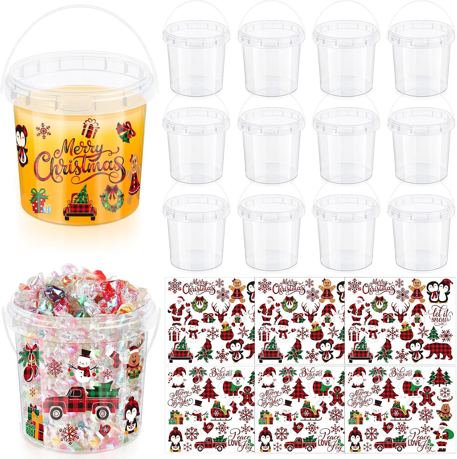 Amazon.com: Burbell 12 Pcs 34 oz Christmas Plastic Buckets with 150 ...