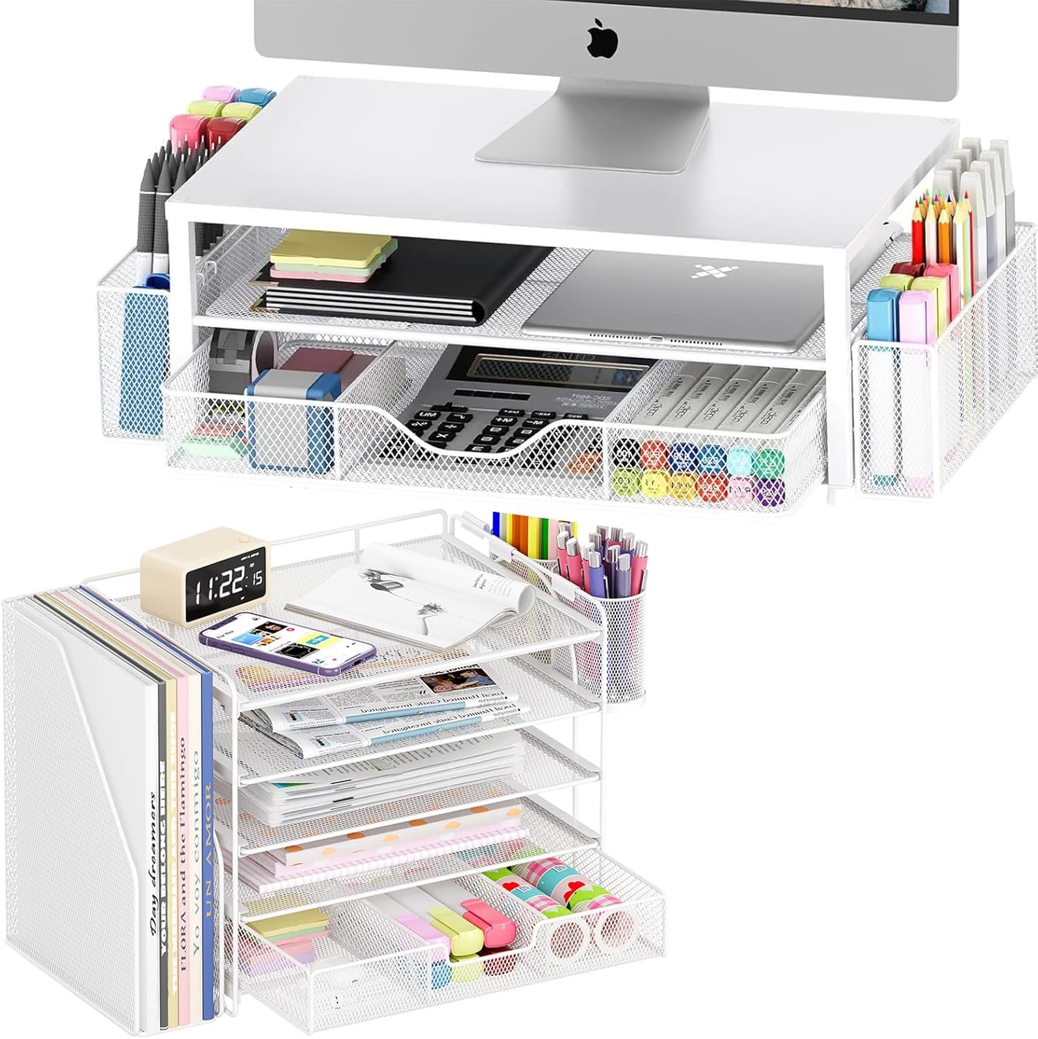 Amazon.com: OPNICE Monitor Stabd and 5-Tier Dsk File Organizer(White ...