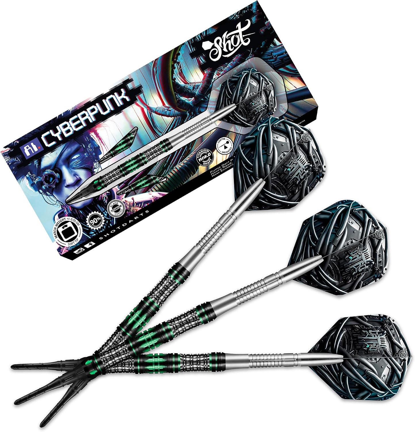Shot! Darts AI Cyberpunk 90% Tungsten Pro Throwing Darts Soft Tip Set ...
