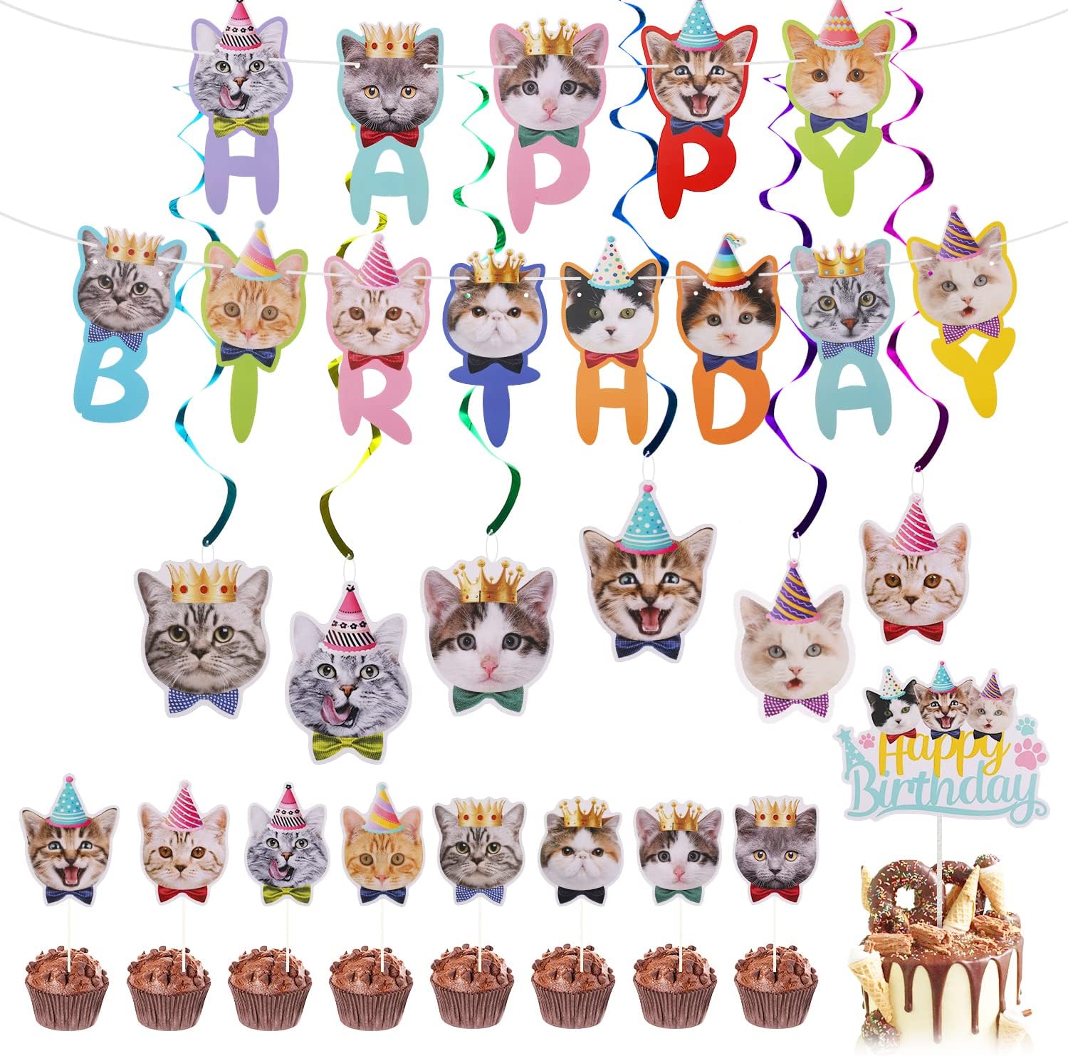 17pcs Cat Birthday Decorations, Cat Party Banner Cat Hanging Swirl ...