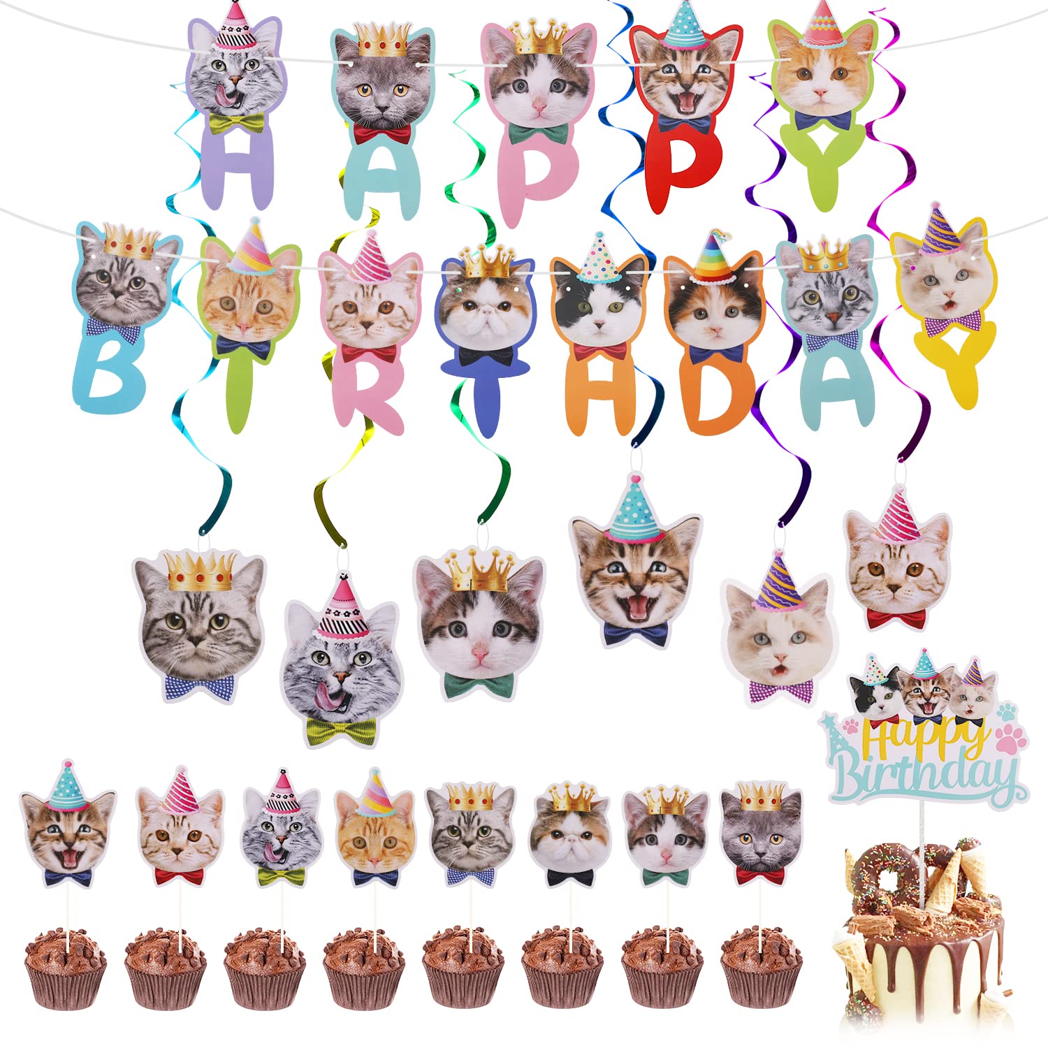 17pcs Deco Anniversaire Chat, Bannière de Fête de Chat Décorations de ...