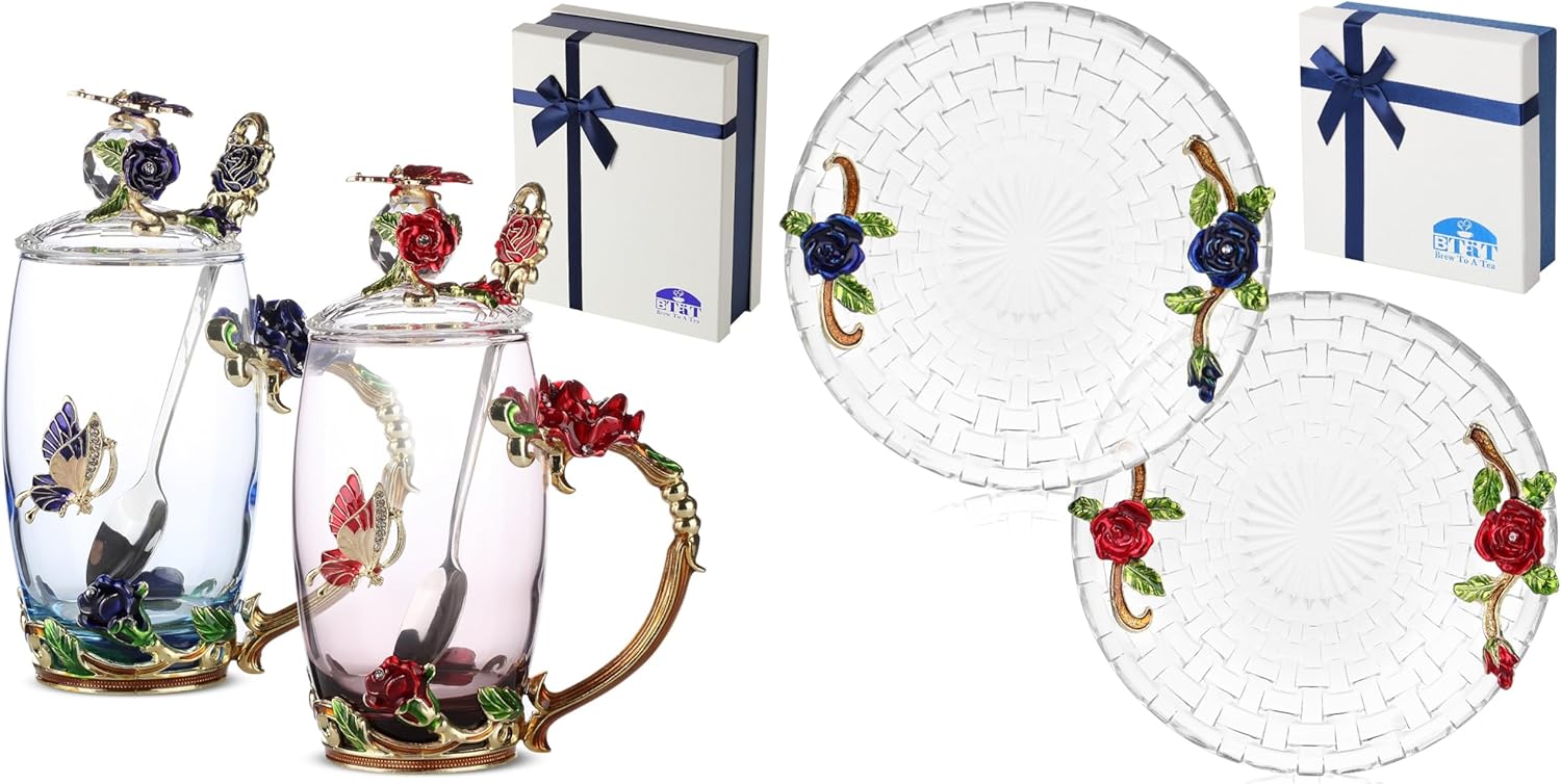 Amazon.com | BTaT- Floral Glass Tea Cups with Lids, Pack of 2, 11oz and ...