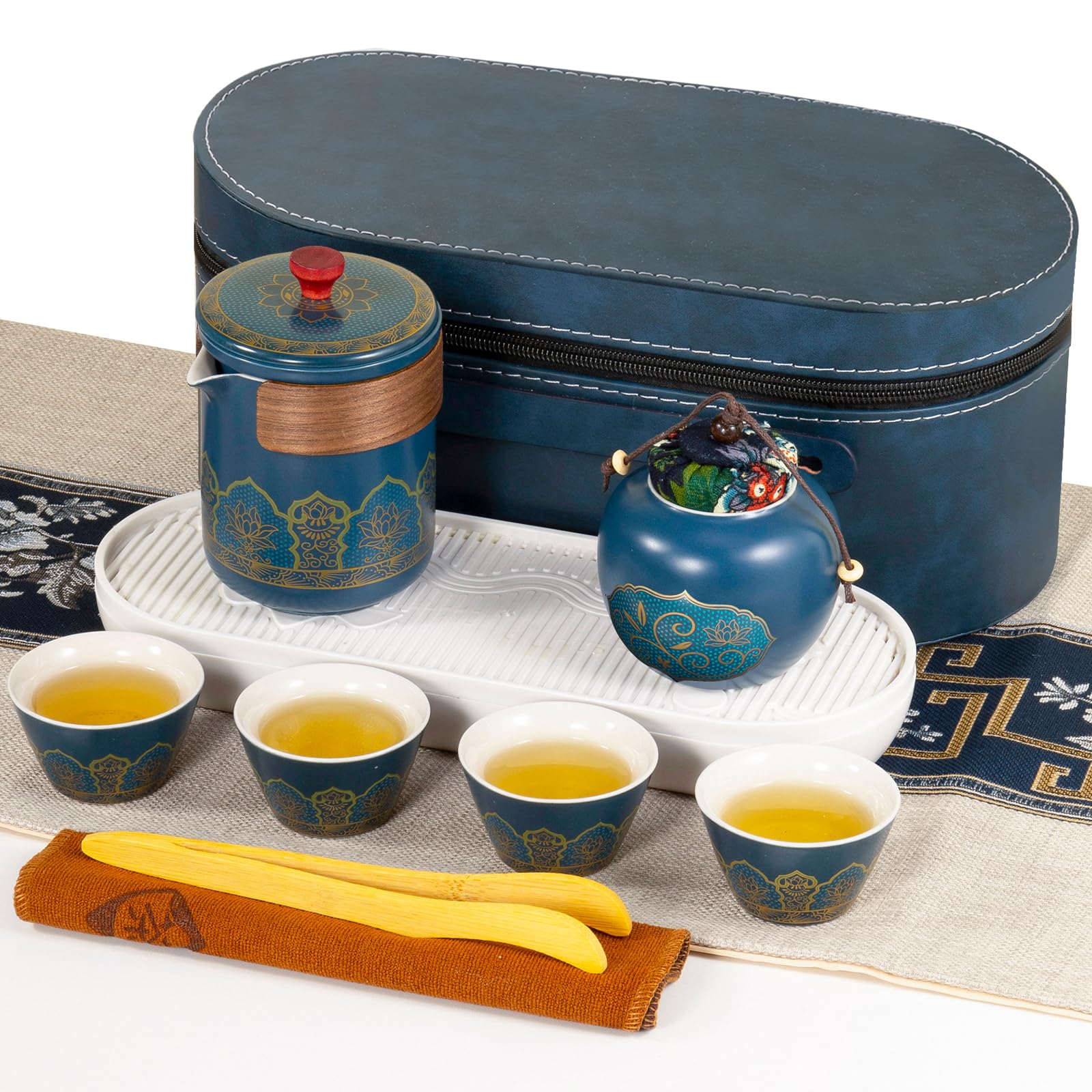Amazon.com | Portable Ceramic Tea Set, Grey Leather Case, Porcelain ...