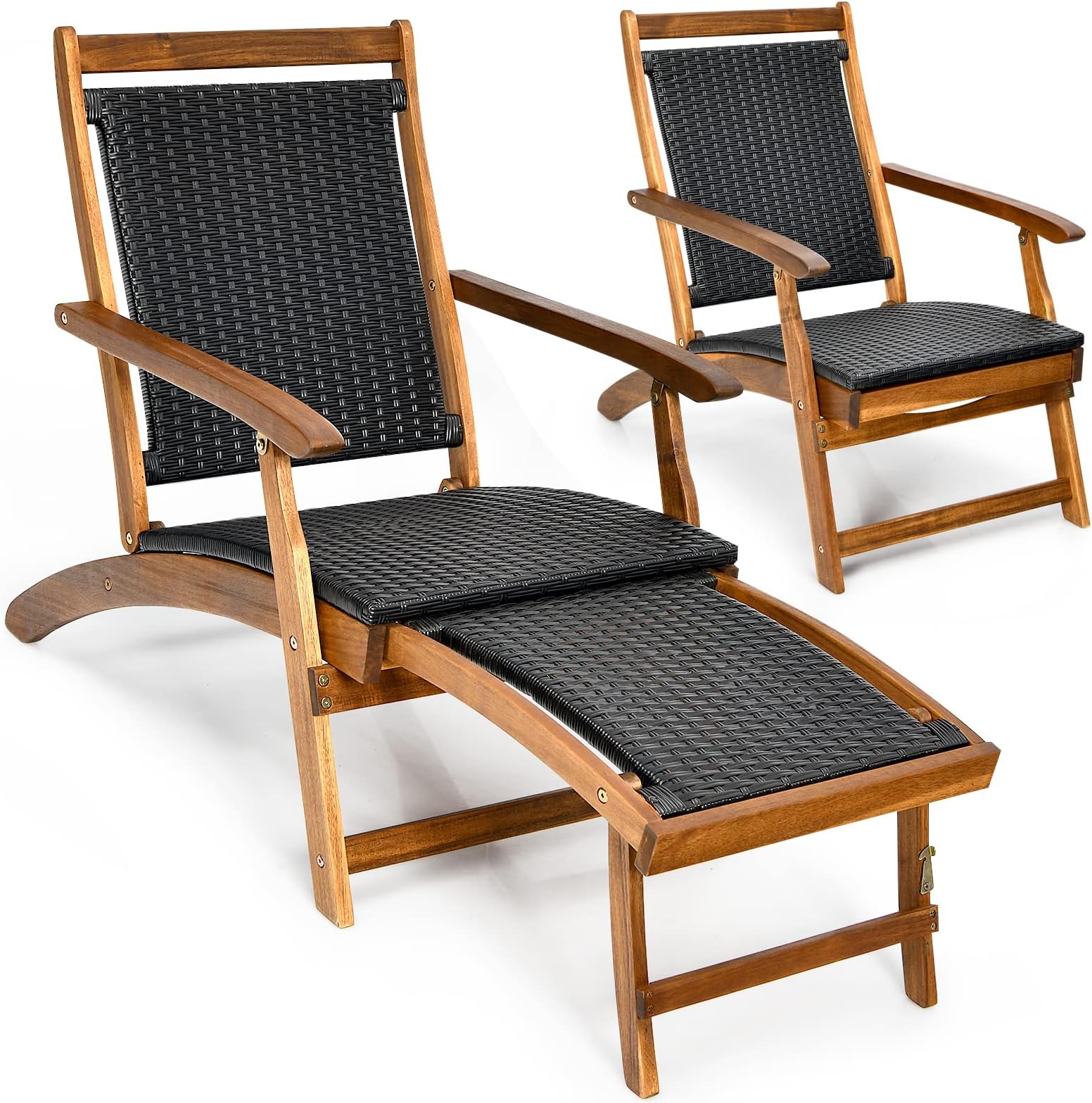 Amazon.com: COSTWAY 2PCS Patio Folding Rattan Lounge Chair Wood Frame ...