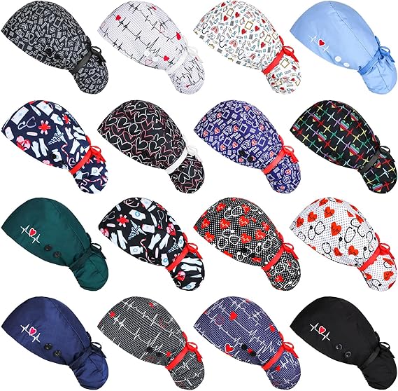 Amazon.com: 16 Pcs Scrub Caps Working Nursing Hats with Buttons ...