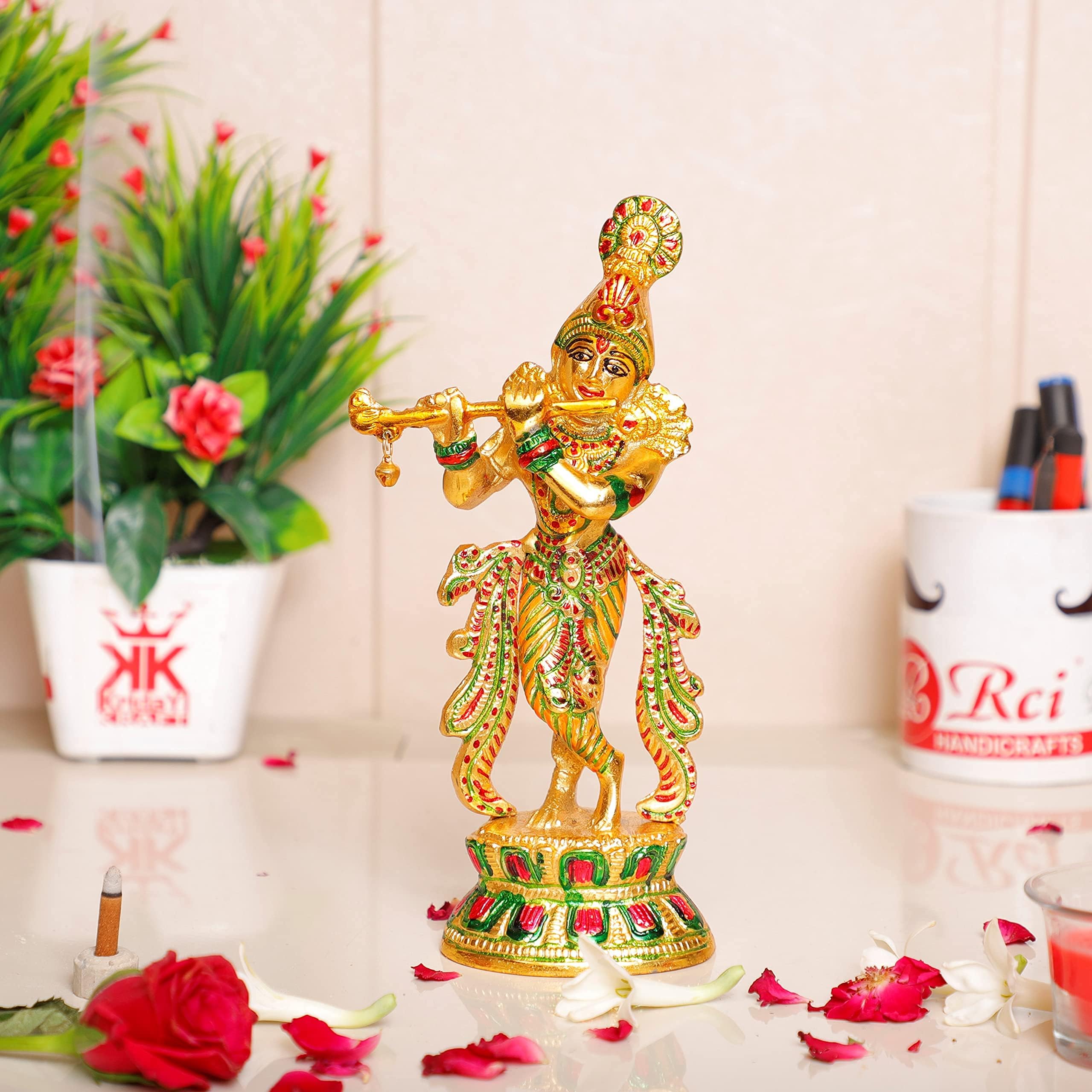 Buy HEYEARTH Lord Krishna Metal Statues Playing Flute,Krishna Figurine ...