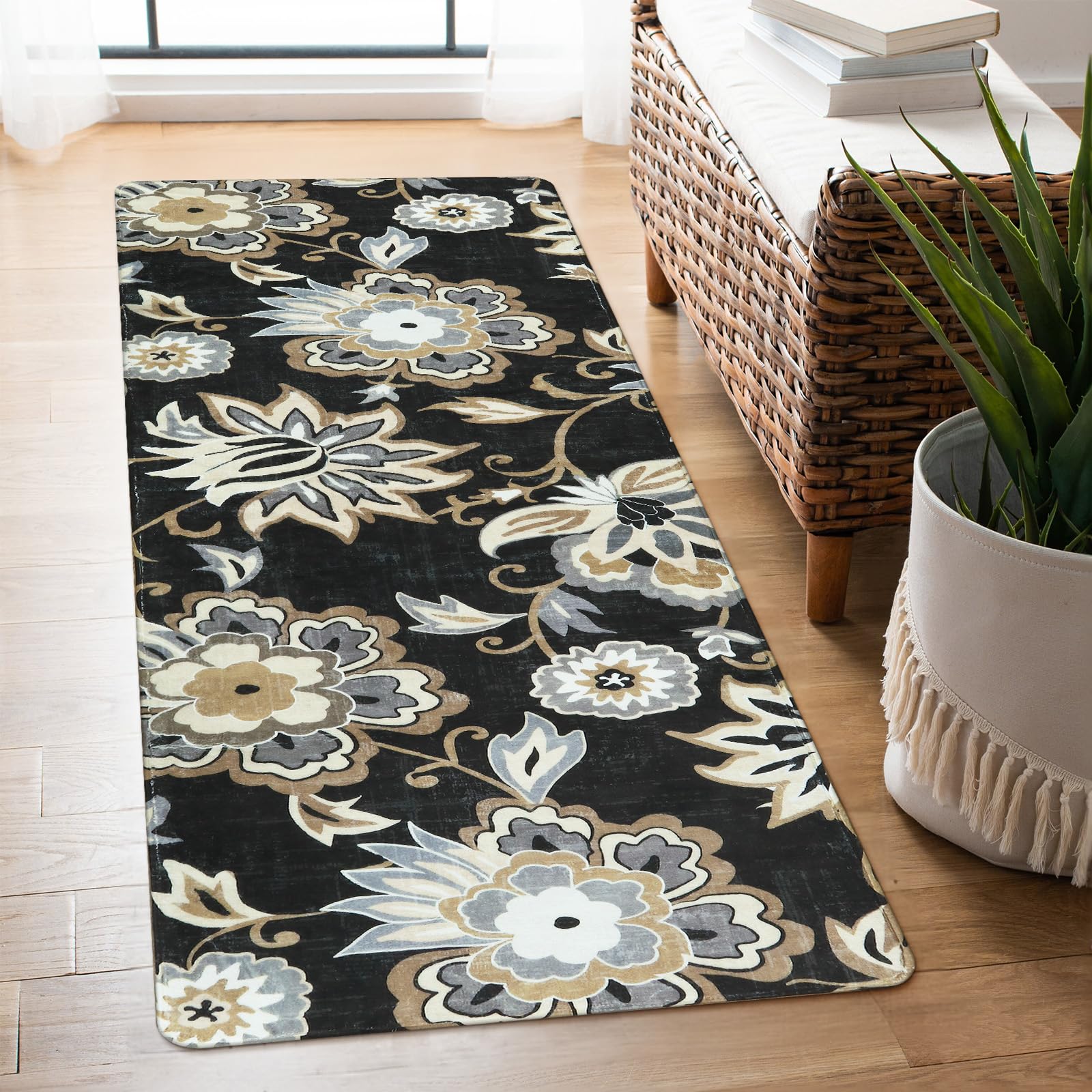 Amazon.com: Lahome Floral Black Small Runner Rug - 2x4 Area Rug Non ...