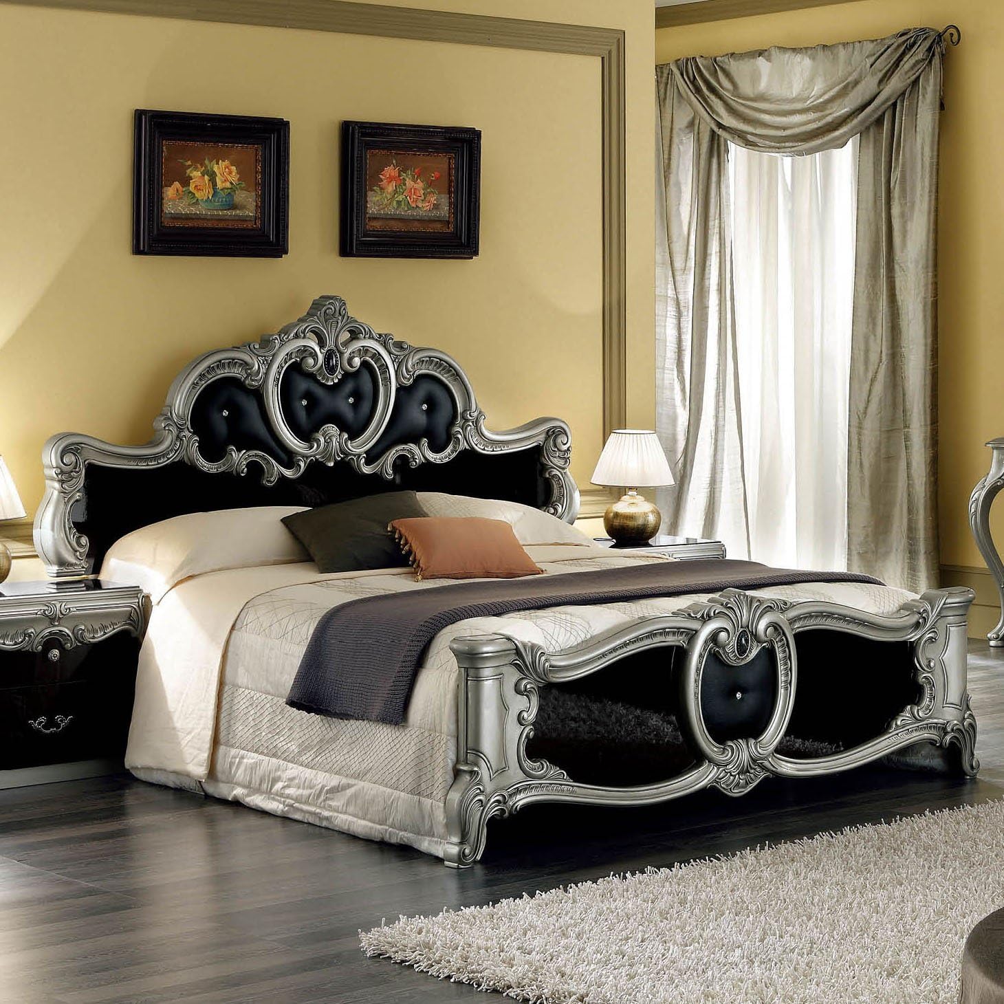Amazon.com: Barocco Traditional Panel Bed in Black / Silver : Home ...