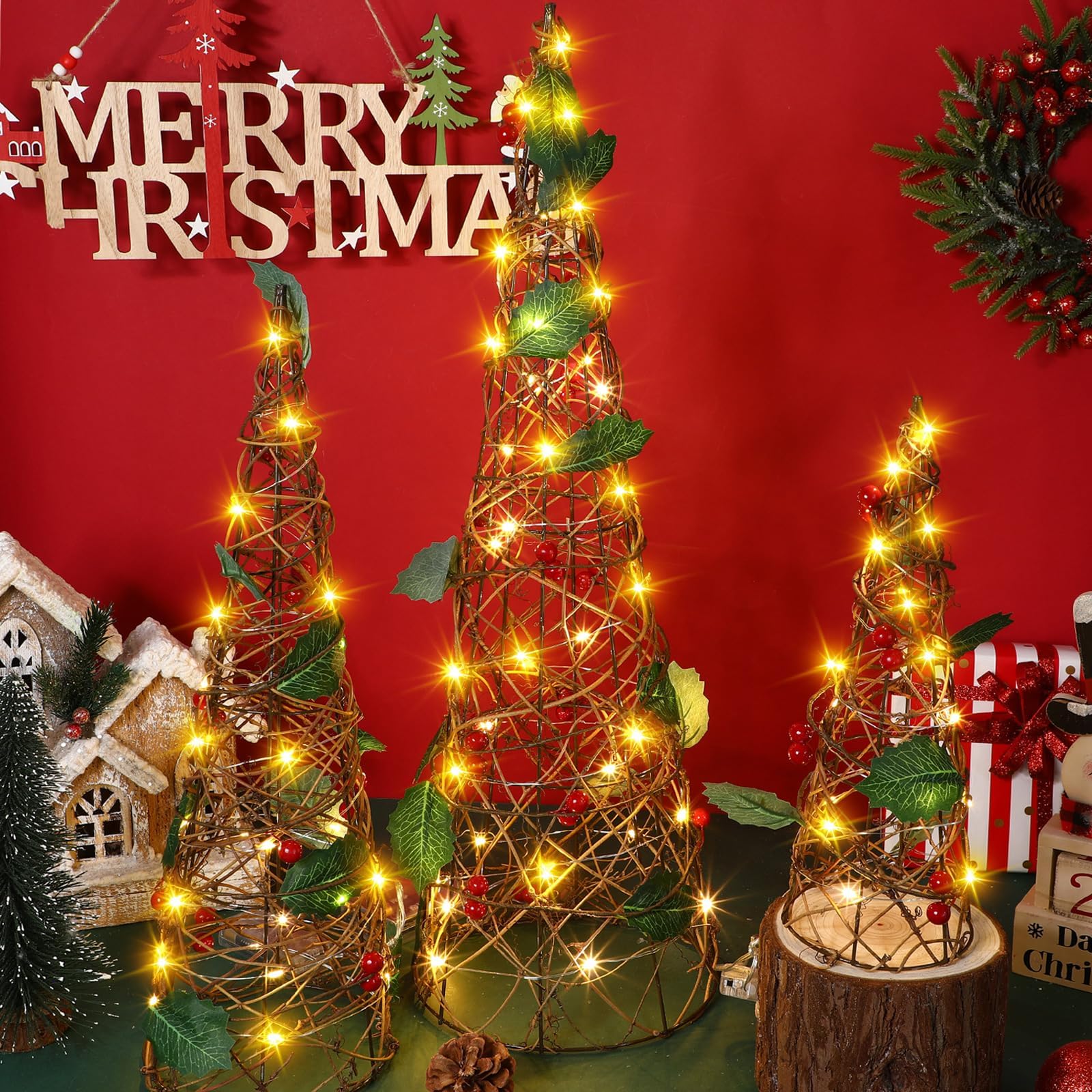 Amazon.com: Retrowavy Set of 3 Lighted Christmas Cone Trees with Warm ...