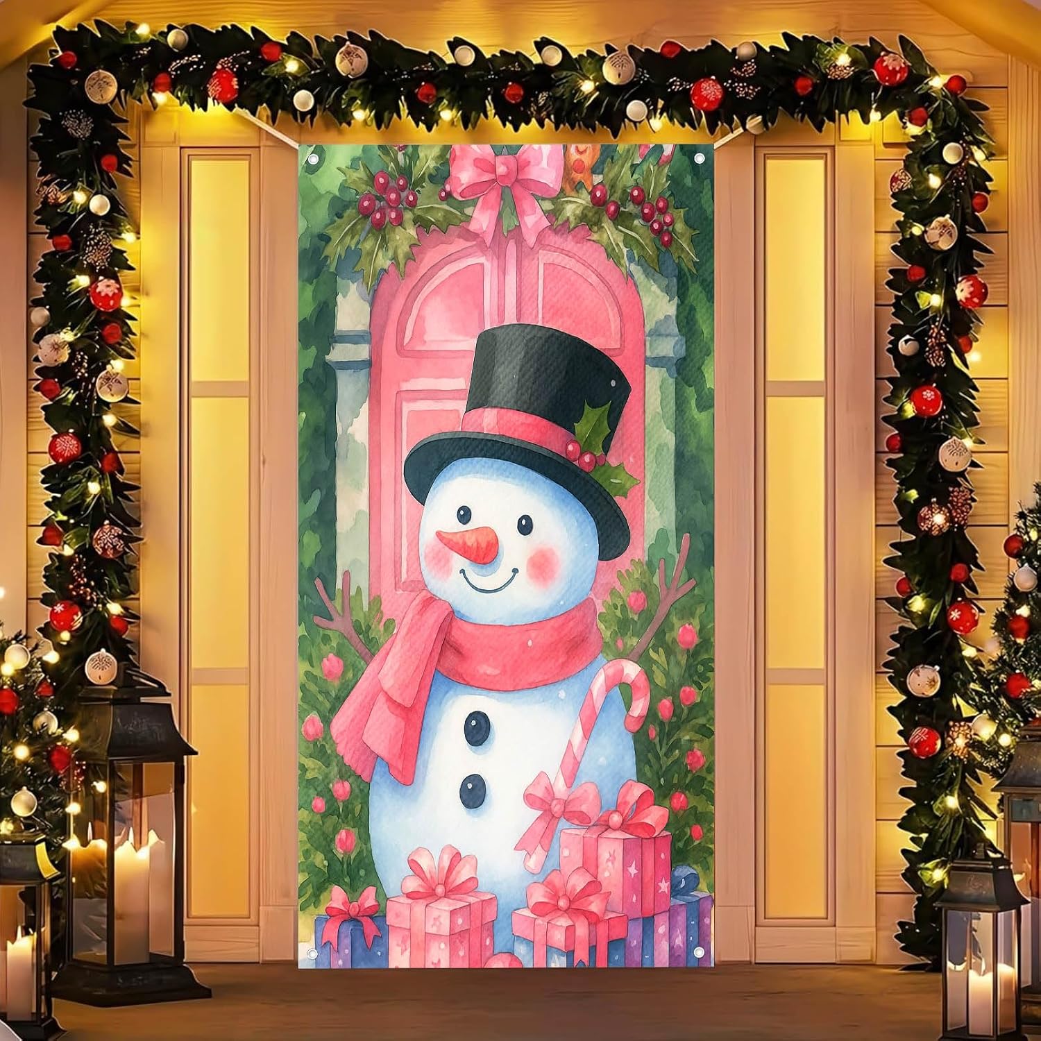 Amazon.com: BlissYard Pink Watercolor Snowman Door Cover 71x35 Inch ...