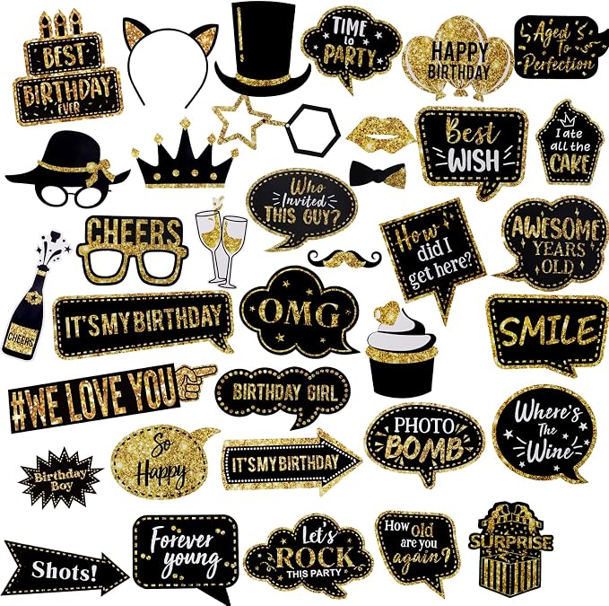NiCoLa 36 Pcs Photo Booth Props, Happy Birthday Photobooth Props Black ...