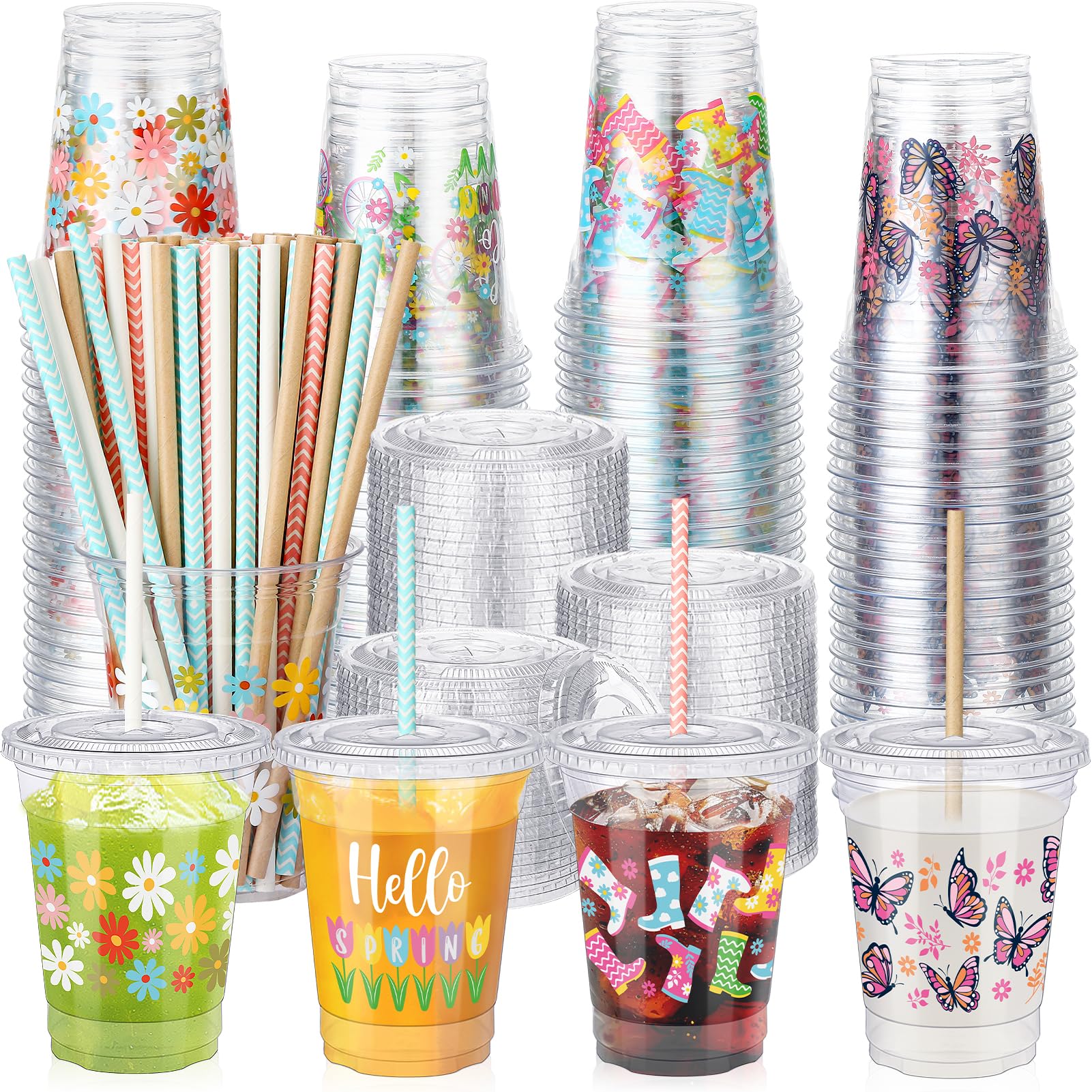 Amazon.com: Ovveroche 100 Set Spring Disposable Plastic Cups with Lids ...
