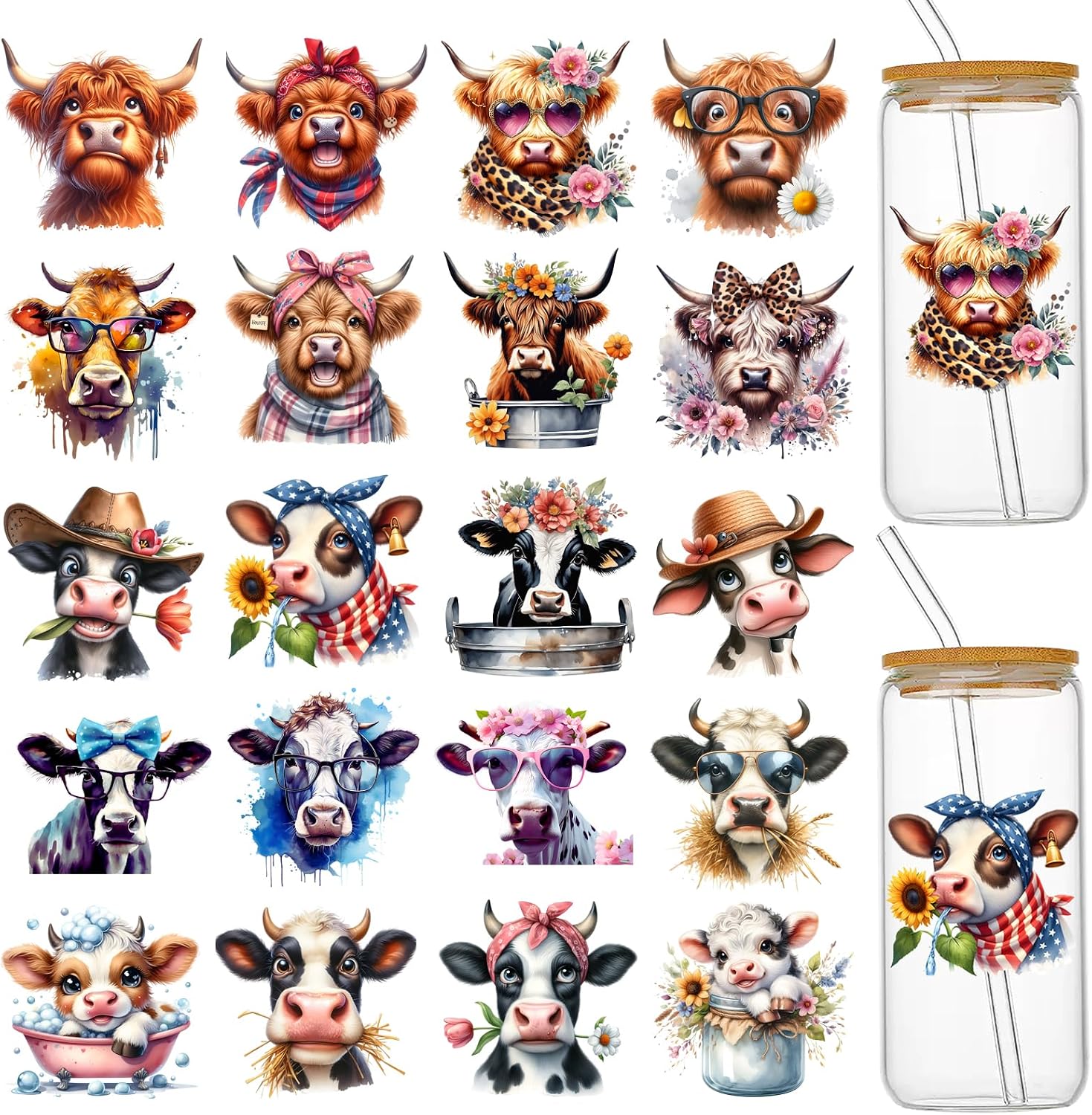 Amazon.com: Highland Cow UV DTF Cup Wraps for 16 oz Glass Cups- 20 ...