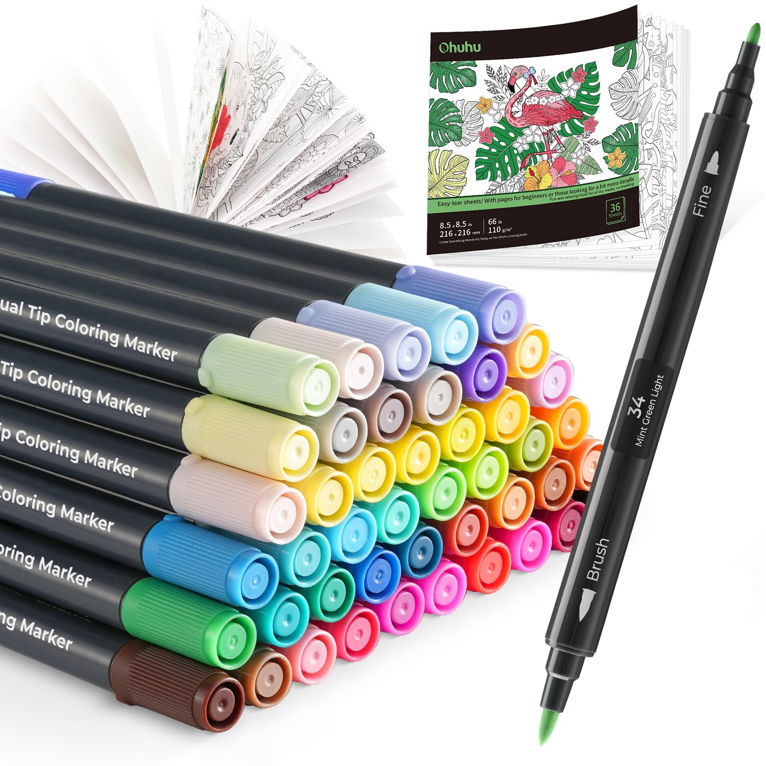 Ohuhu Markes & Colouring Book Set, 48 Colouring Markers and 36 Pages ...