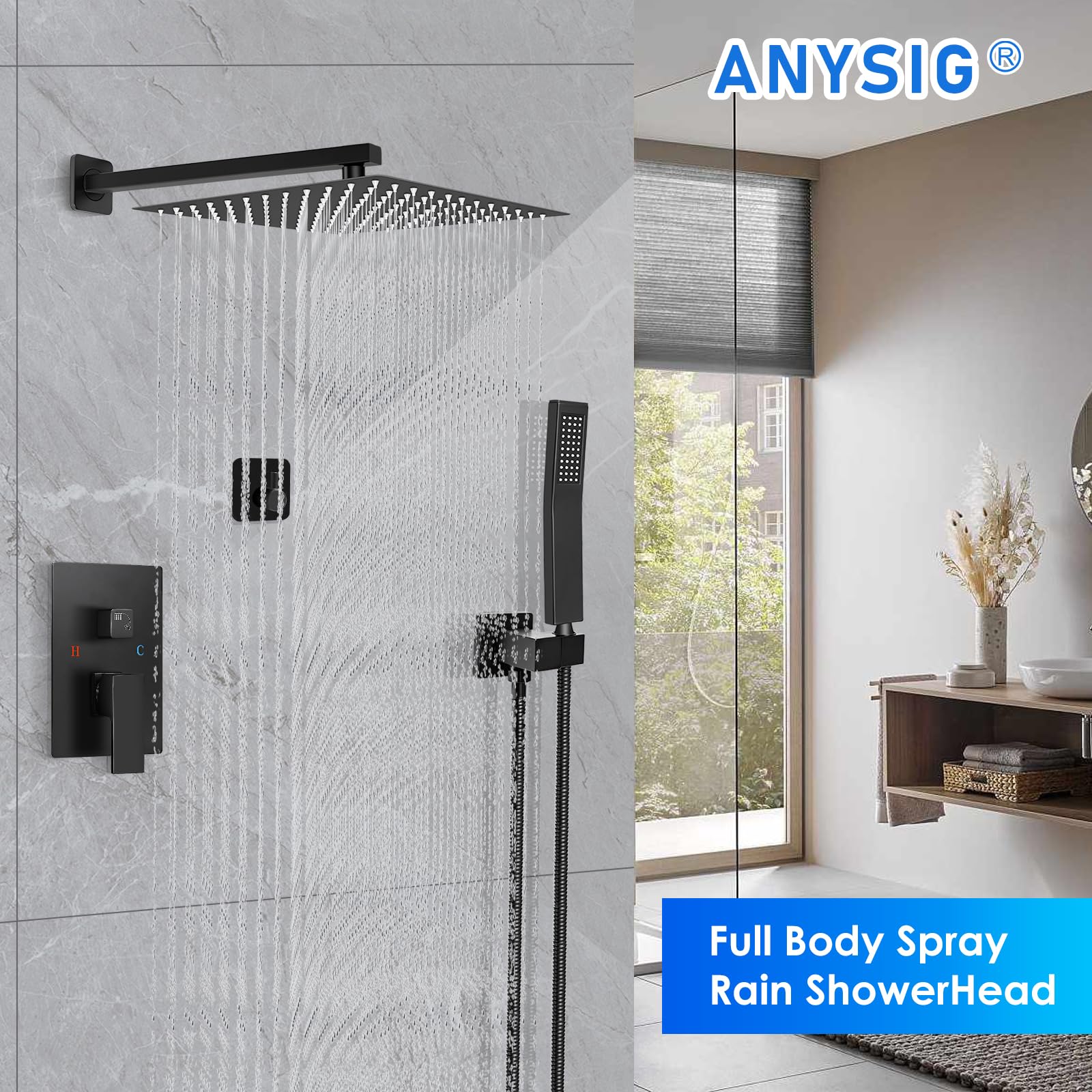 Snapklik.com : Anysig Shower Faucet Set, 12.5" Matte Black Shower Head And Handle Set, Rainfall ...