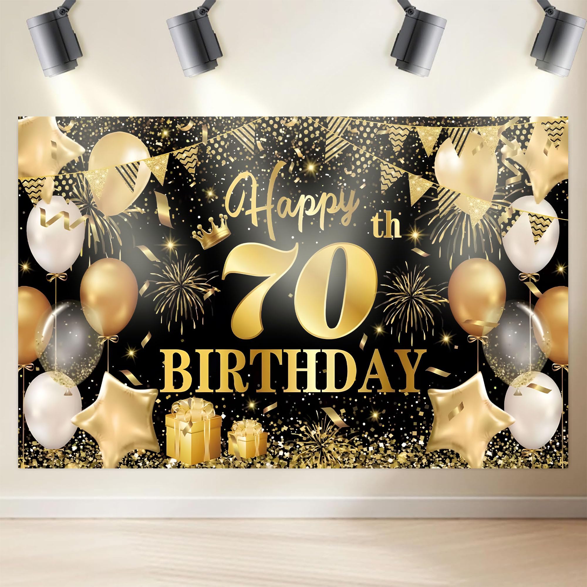 70th Birthday Backdrop Banner, Happy 70th Birthday Decorations, Black ...