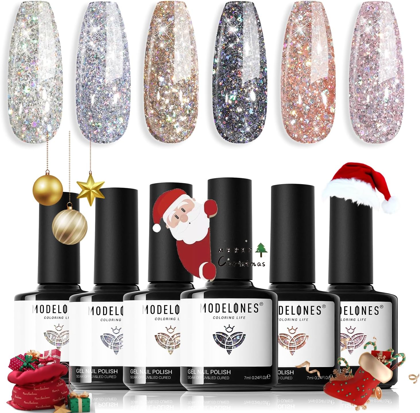 modelones Gellak Gel Nail Polish, 6 Kleur Zilver Roze Glitter Gellak ...