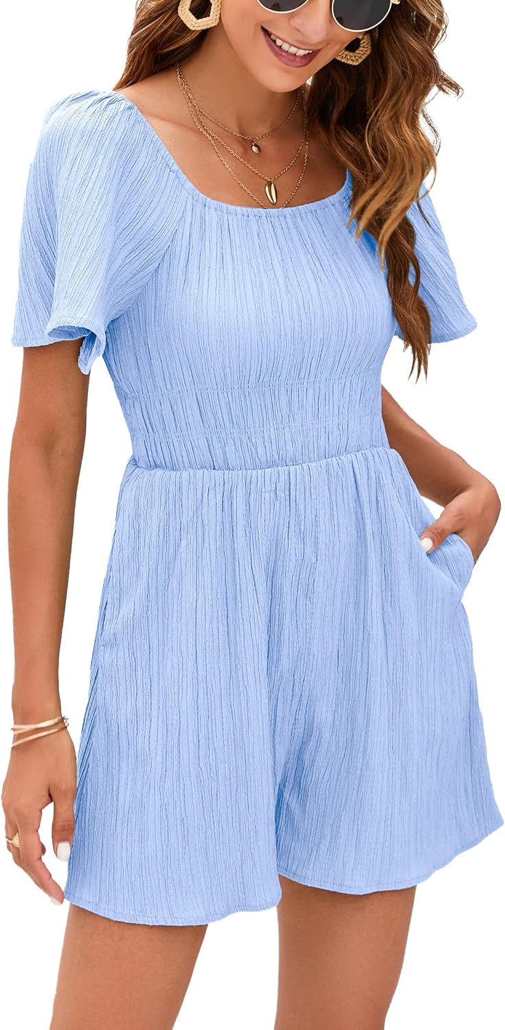 Amazon.com: KOJOOIN Women's Short Sleeve Square Neck Short Romper Off ...