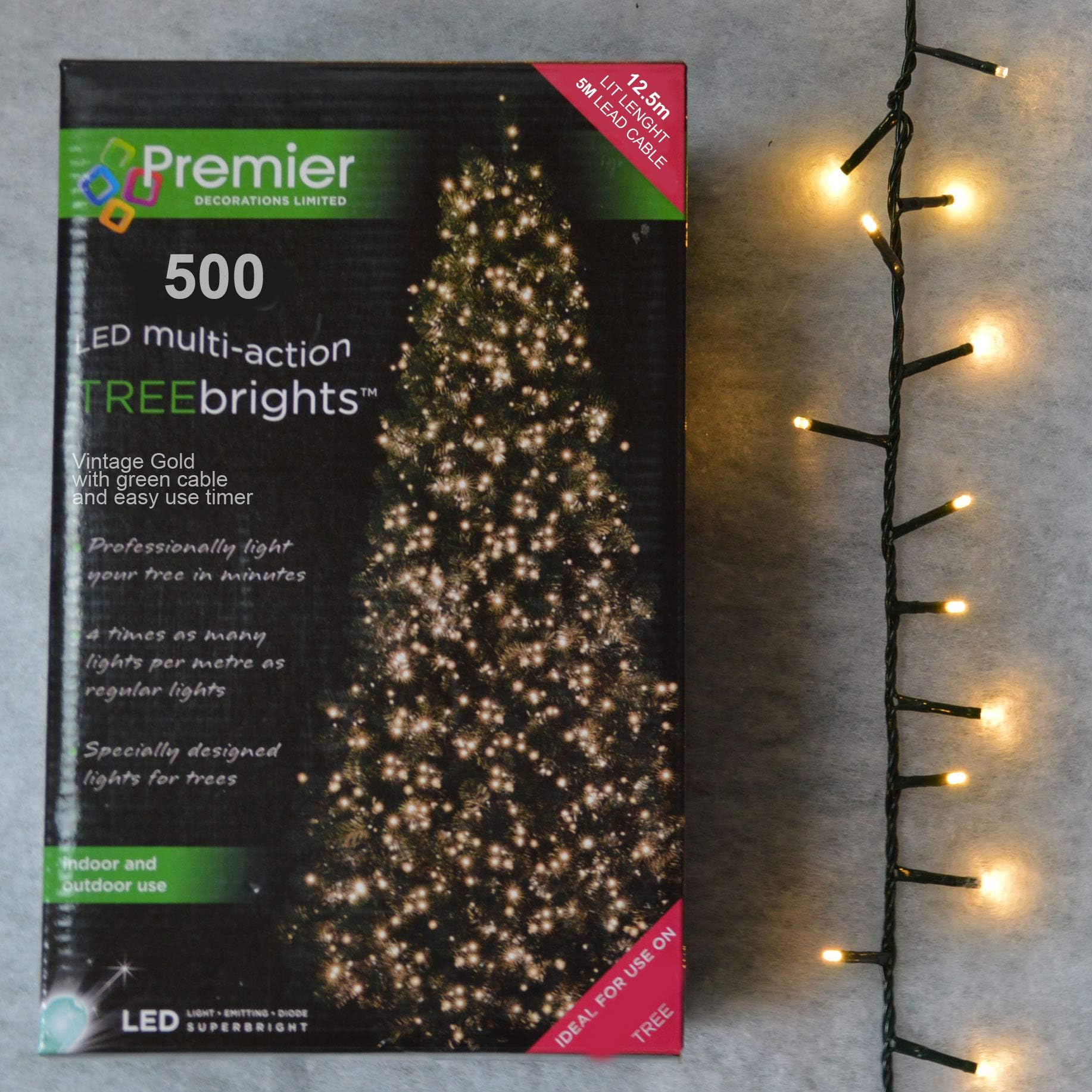 Premier 500 LED (12.5m) TreeBrights Christmas Tree Lights - Timer in ...