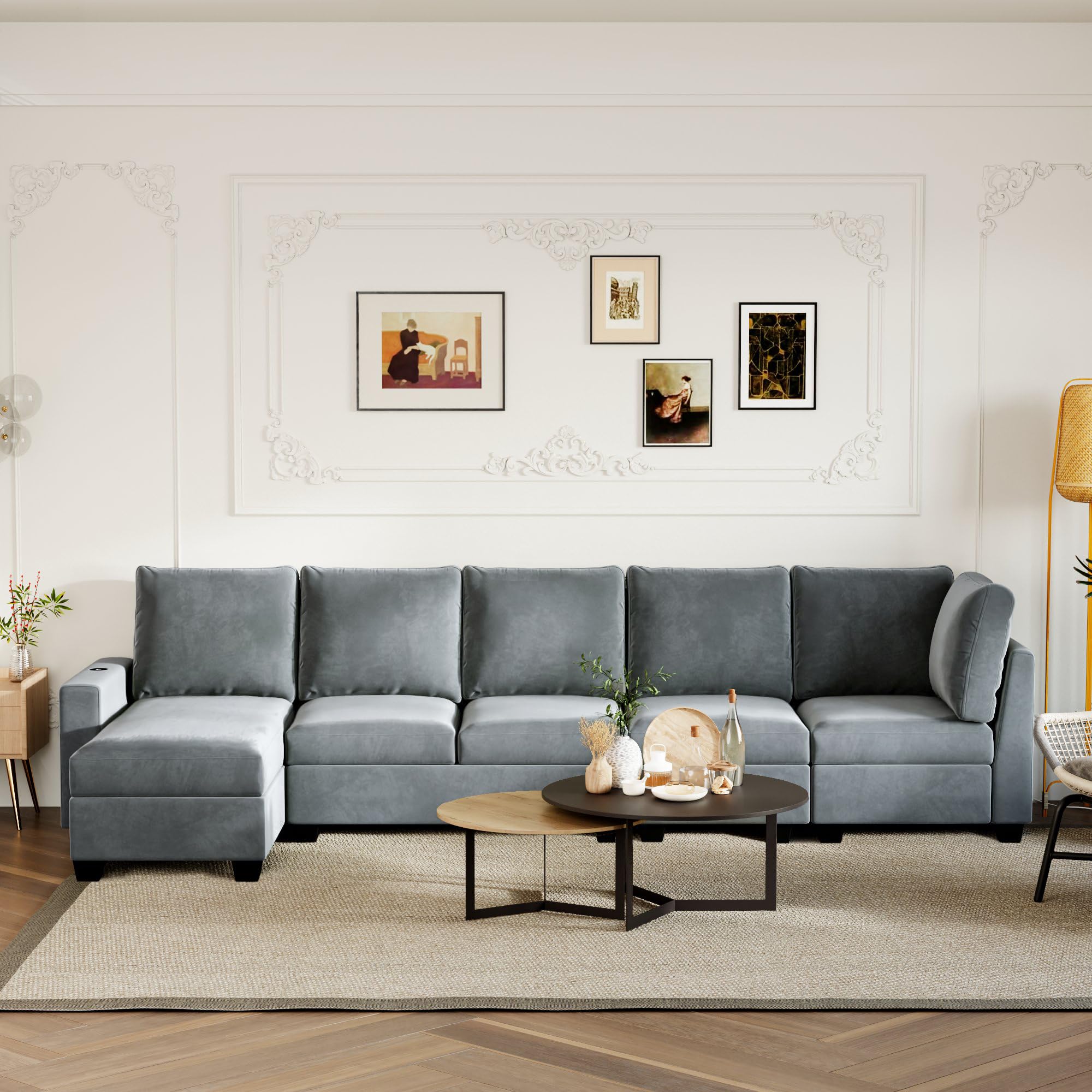 Amazon.com: roomfitters 6-Seat Velvet Sectional Sofa, 138" L-Shape ...