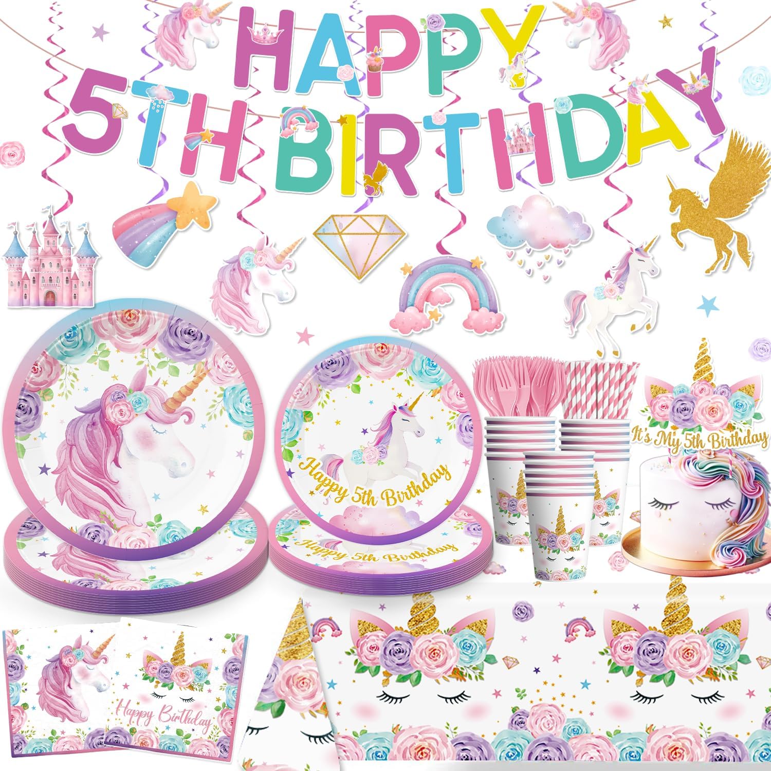 Amazon.com: Yingoto 162pcs Unicorn 5th Birthday Decorations for Girl ...