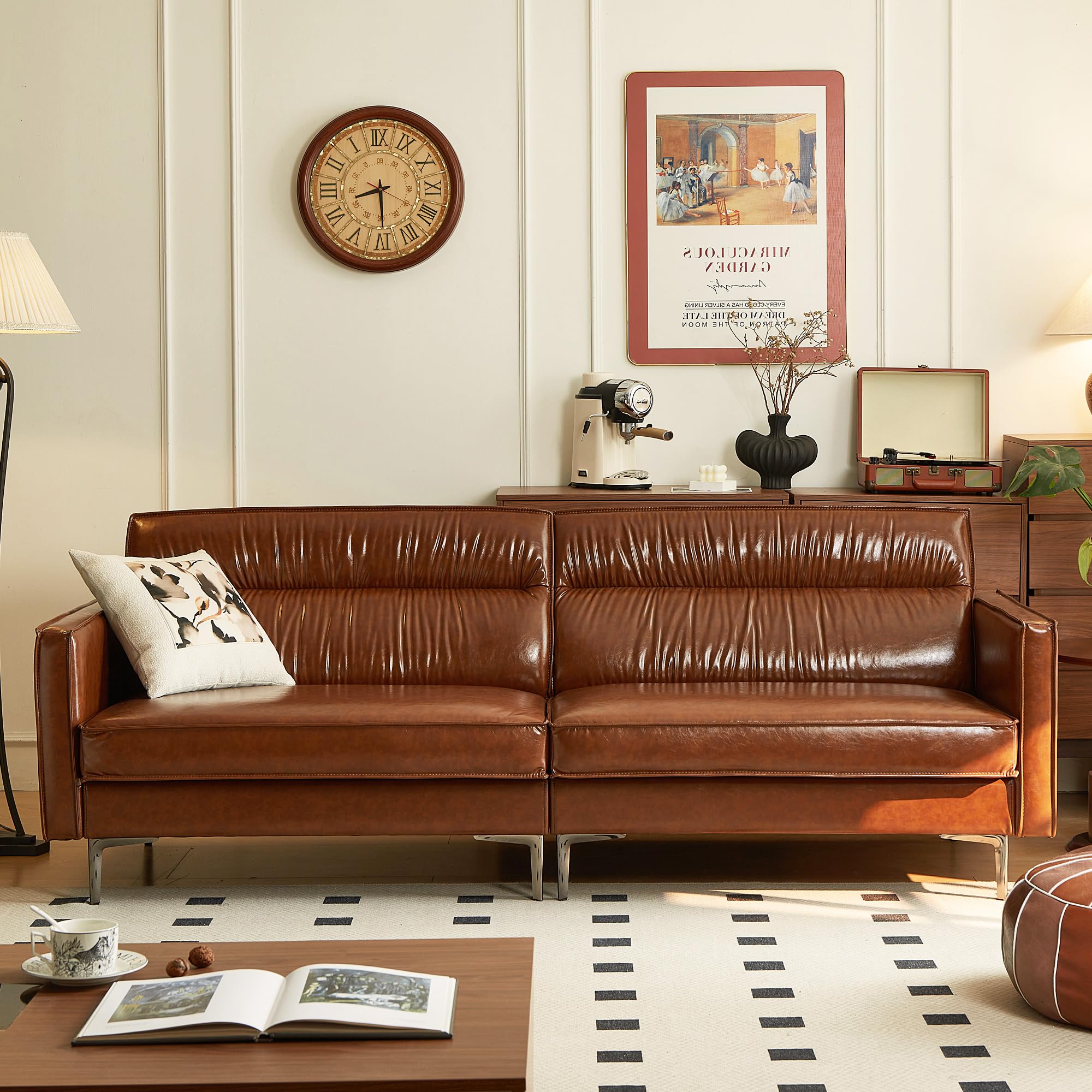 Amazon.com: Mid-Century 3-Seater Leather Sofa with Removable Backrest ...