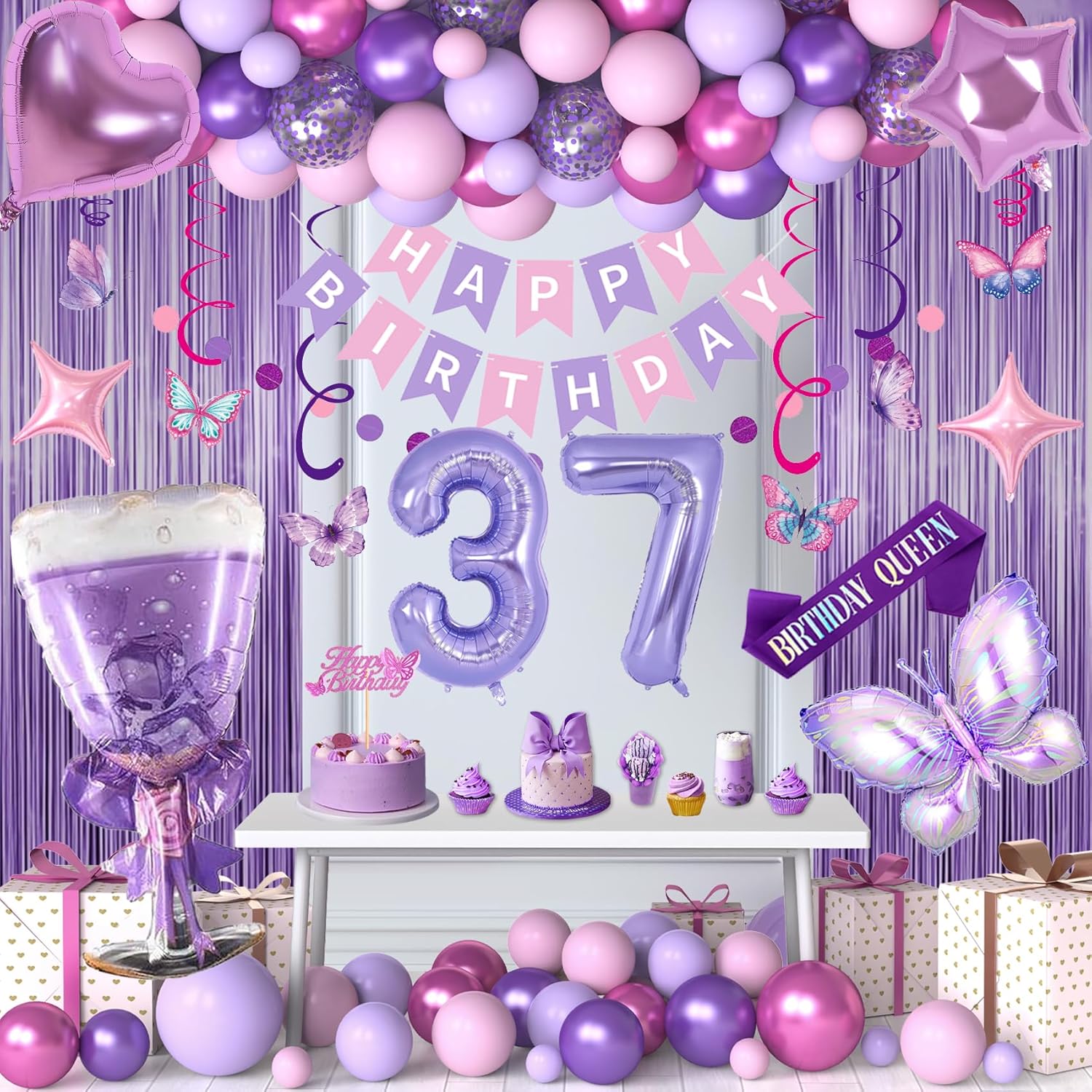 Amazon.com: 37th Purple Birthday Decorations, Pink Purple 37th Birthday ...