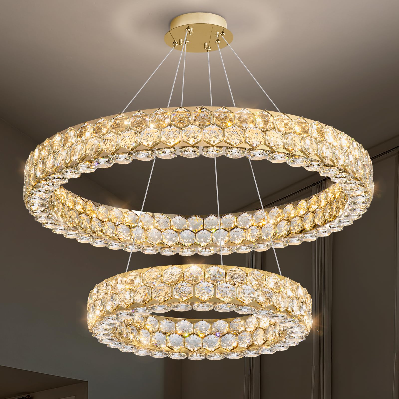 dolria Modern 2 Rings Chandelier, Crystal Chandeliers for Dining Room ...