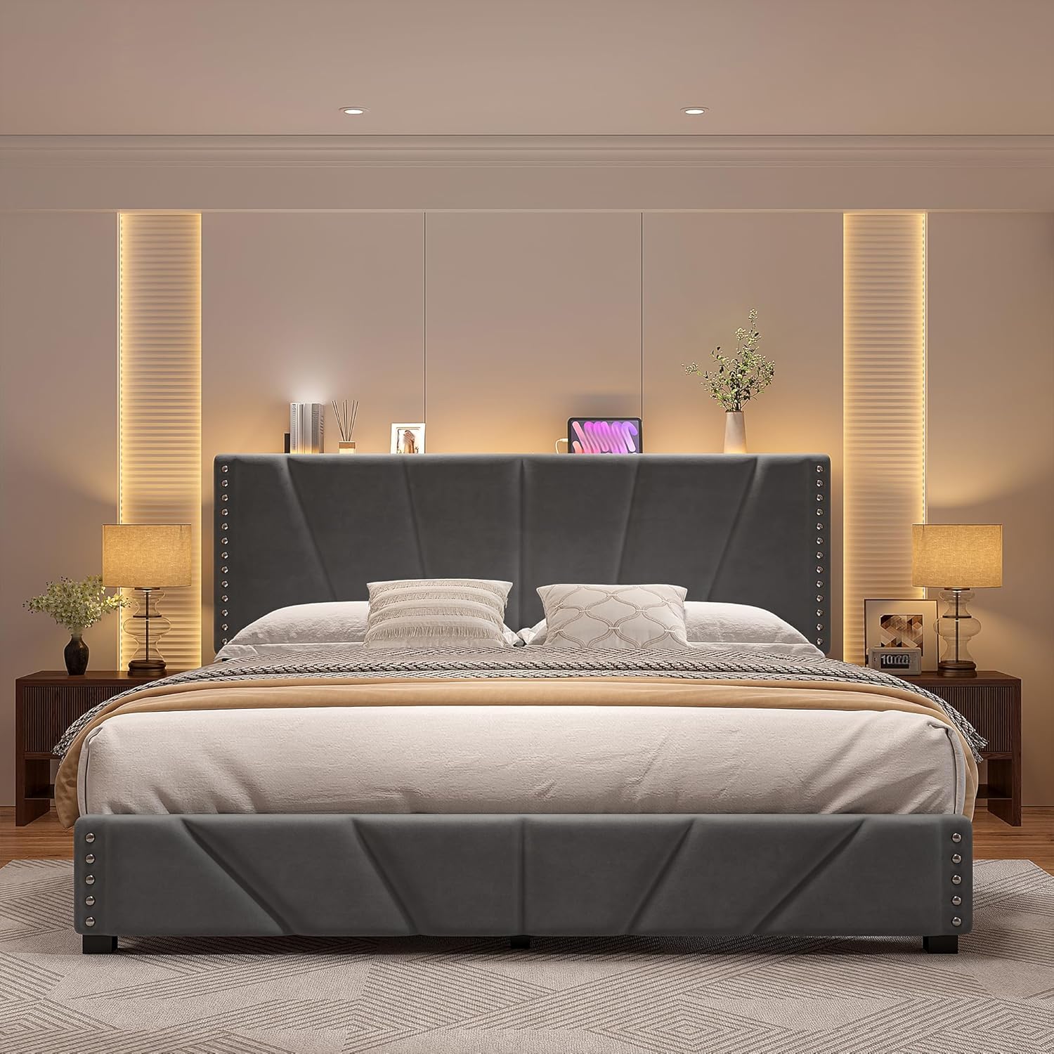 Amazon.com: EnHomee King Size Bed Frame with Velvet Headboard and LED ...