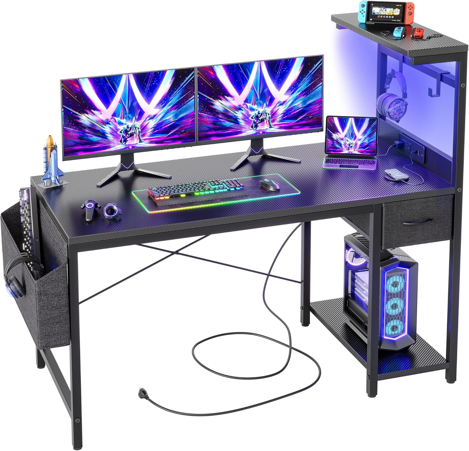 BEXEVUE LED Computer Desk with Power Outlets - 120x50cm Gaming Desk ...