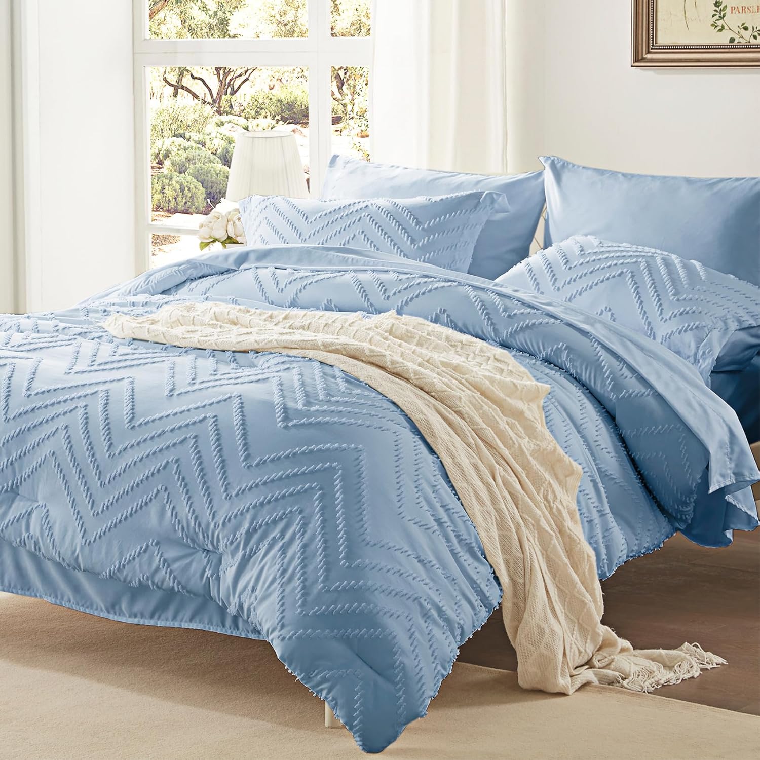Amazon.com: Anluoer Full Comforter Set, Sky Blue Tufted Bed in a Bag 7 ...