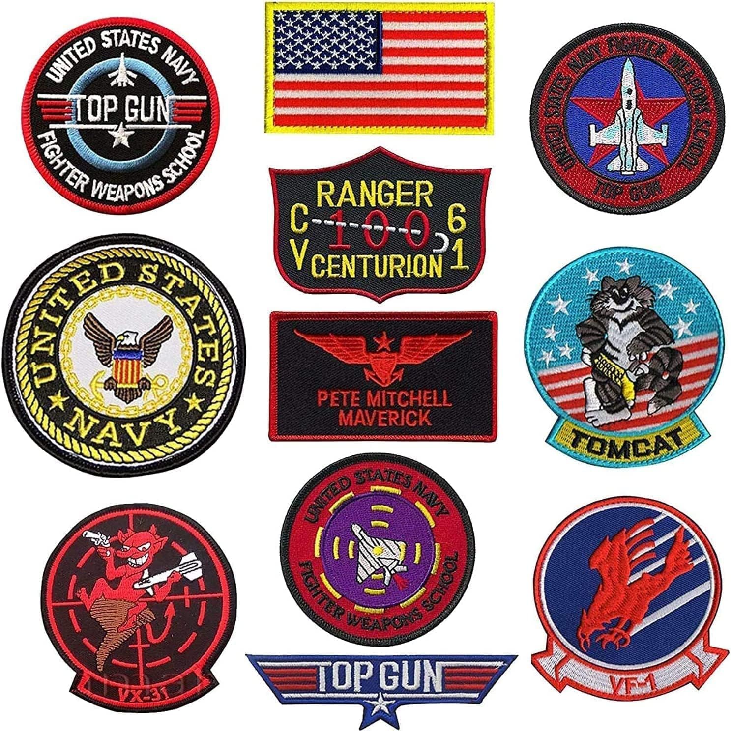11 Pieces Top Gun Iron-on Patches USA Flag Maverick Patches Embroidered ...