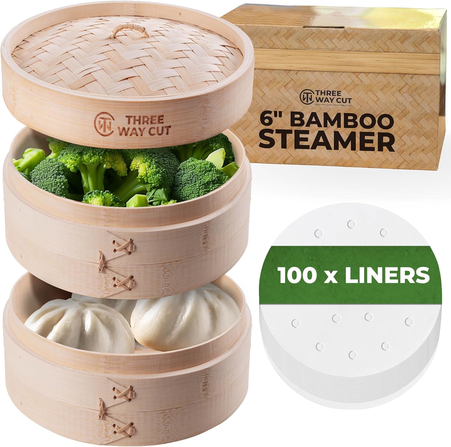 Amazon.com: 2-Tier 6" Bamboo Steamer With 100 Parchment Liners- 2 ...