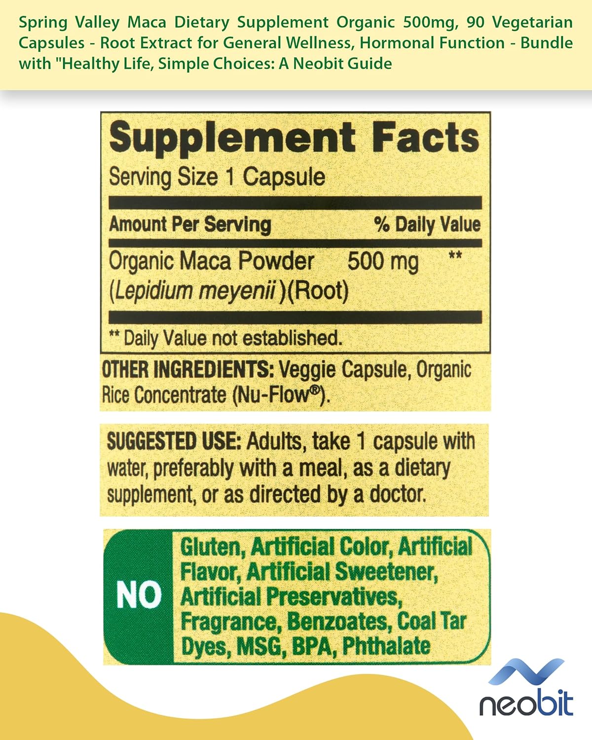 Neobit Spring Valley – Suplemento dietético de maca orgánico de 500 mg ...