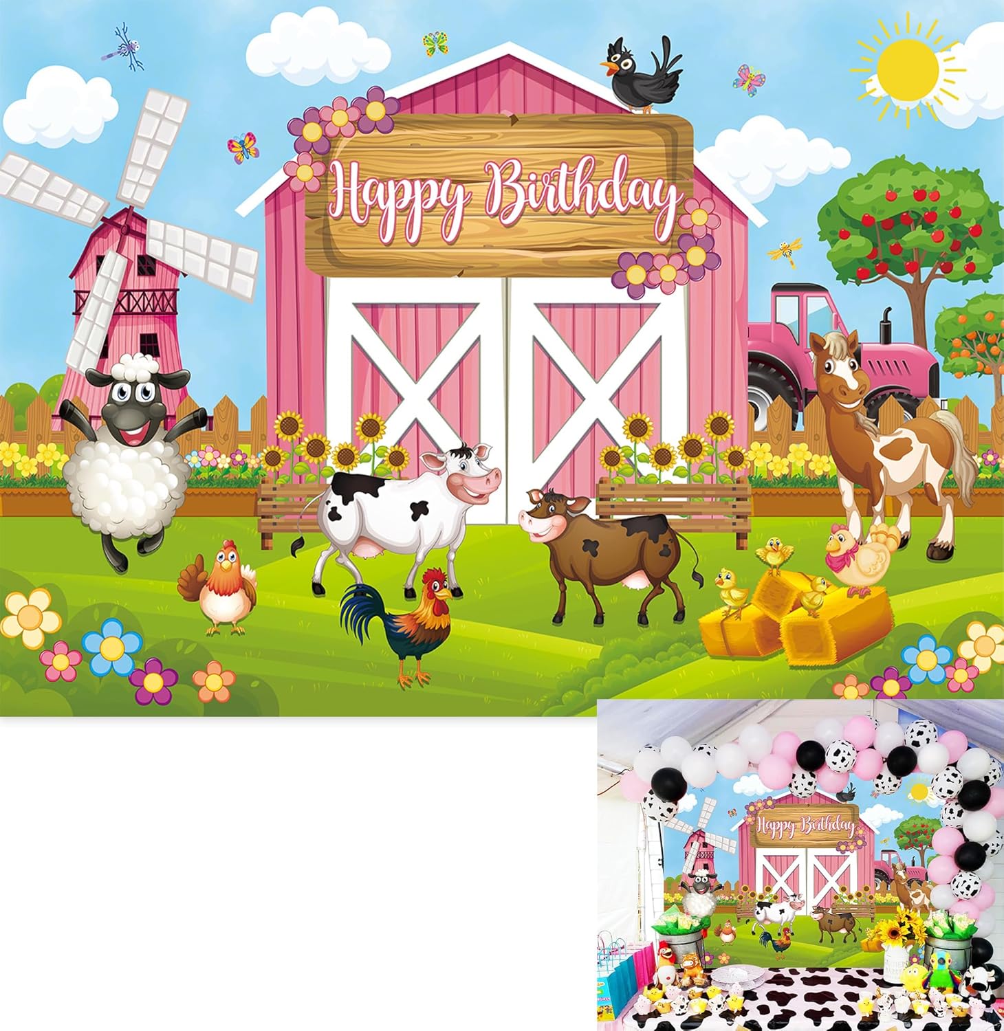 Amazon.com : PGSWEER 7x5ft Pink Barn Farm Birthday Backdrop Barnyard ...