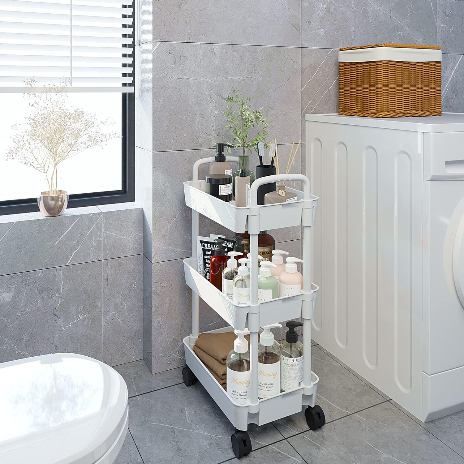 Buy Sywhitta 3-Tier Plastic Rolling Utility Cart with Handle, Multi-Functional Storage Trolley ...