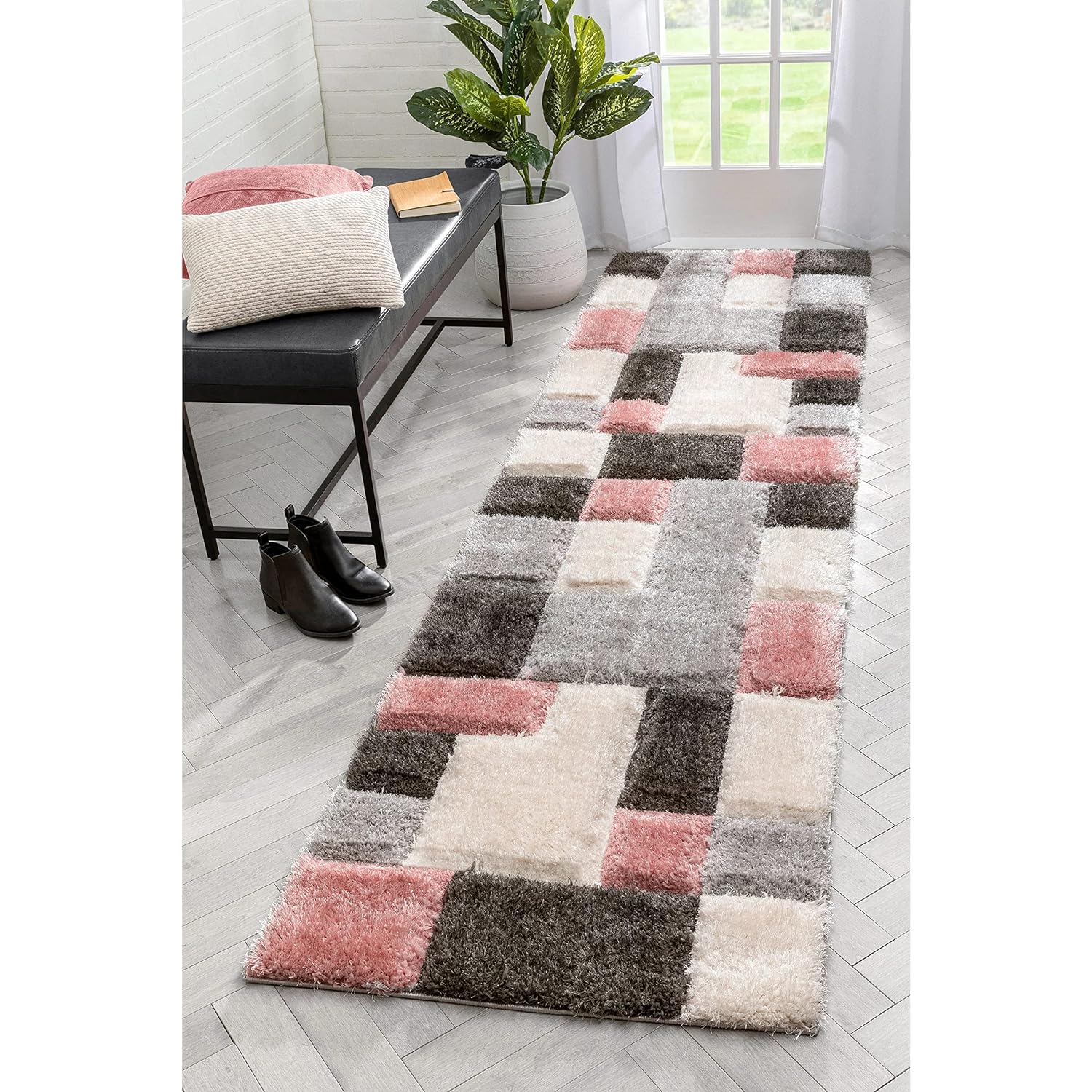 Mukhlis Pink Grey Block Shaggy Runner Rug 2x6 Feet | Modern Rose ...