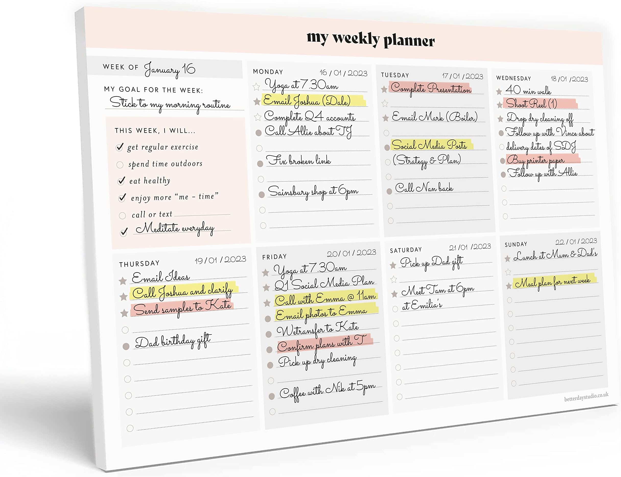 Betterday Studio A4 Weekly Planner for Organisation and Planning, To Do ...