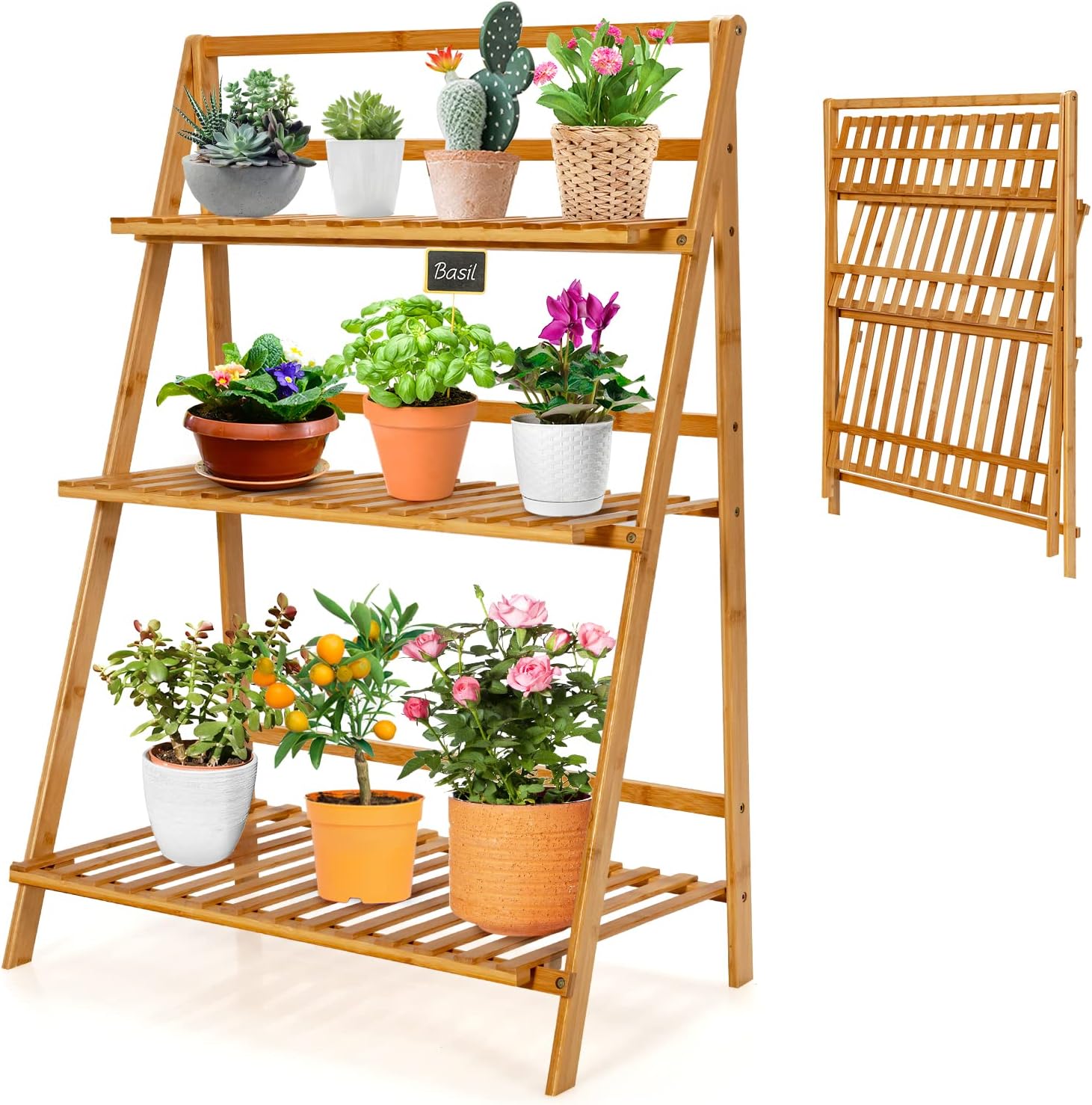 Foldable Flower Rack 3-Tier Bamboo Plant Stand - Foldable Shelf For ...