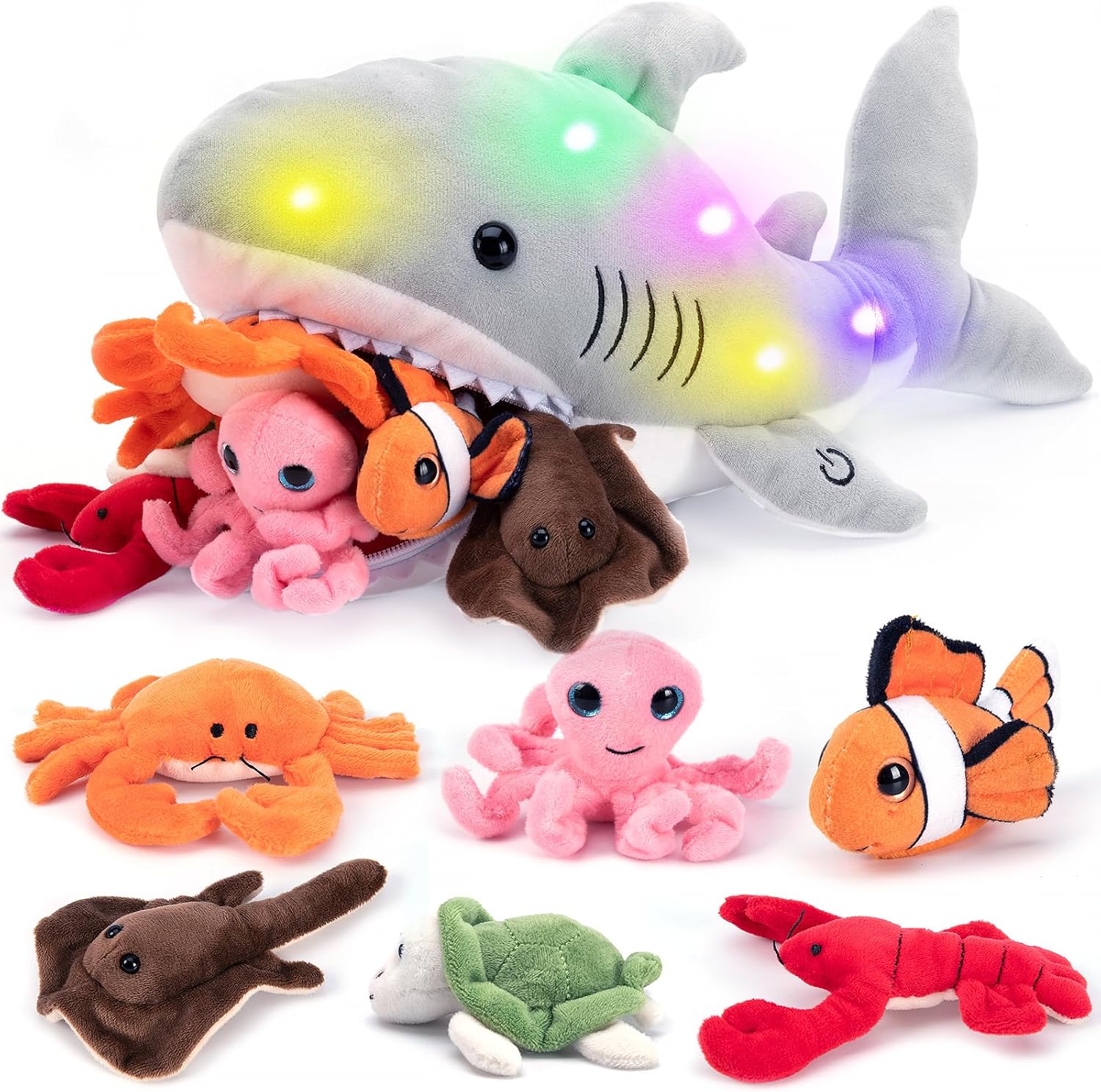 Toyssa 7Pcs Glowing Shark Plush Toys Set, Big Shark Plushie with 6 Sea ...