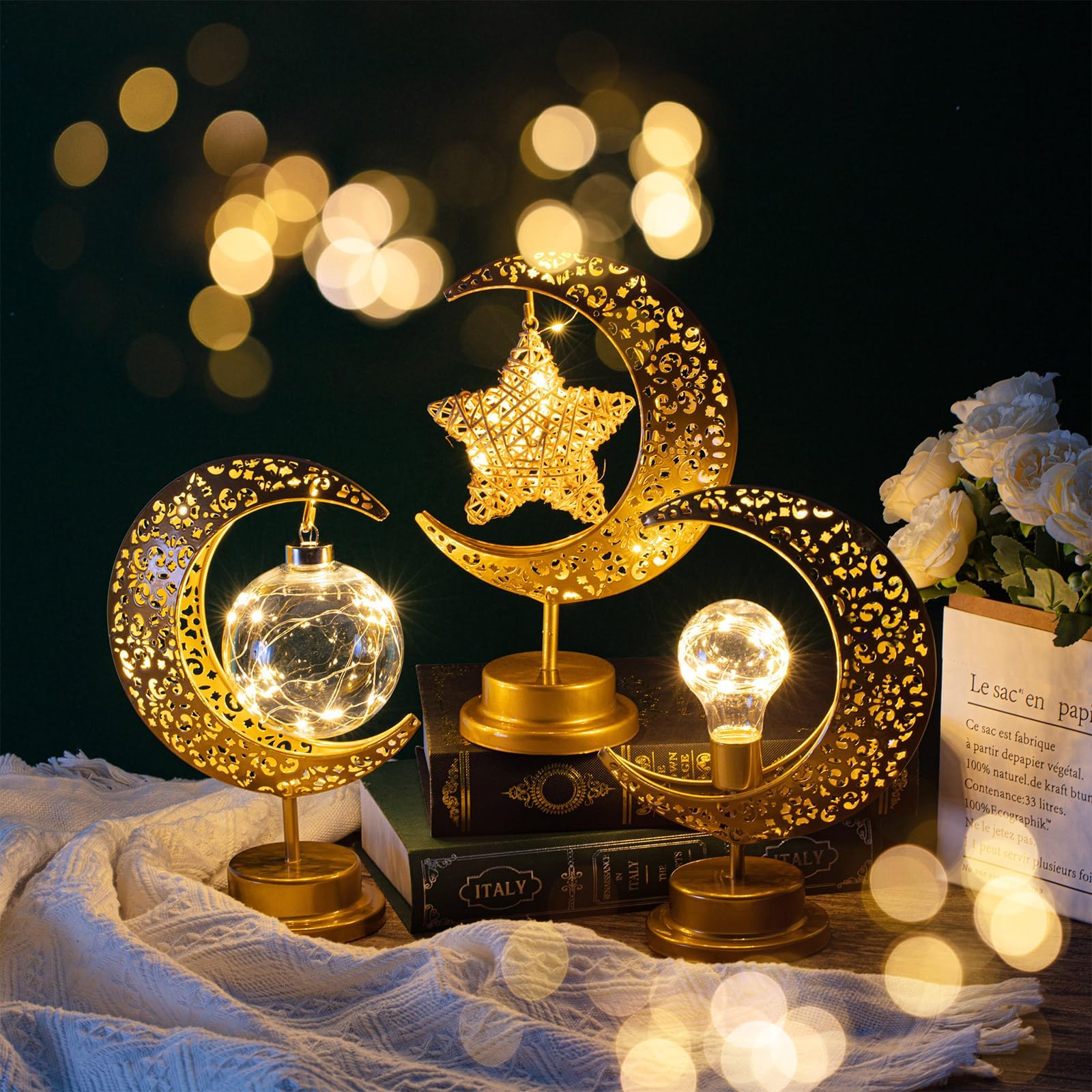 Tujoe 3 Pcs Ramadan Decorations for Home Rustic Moon Lamp Ramadan Star ...