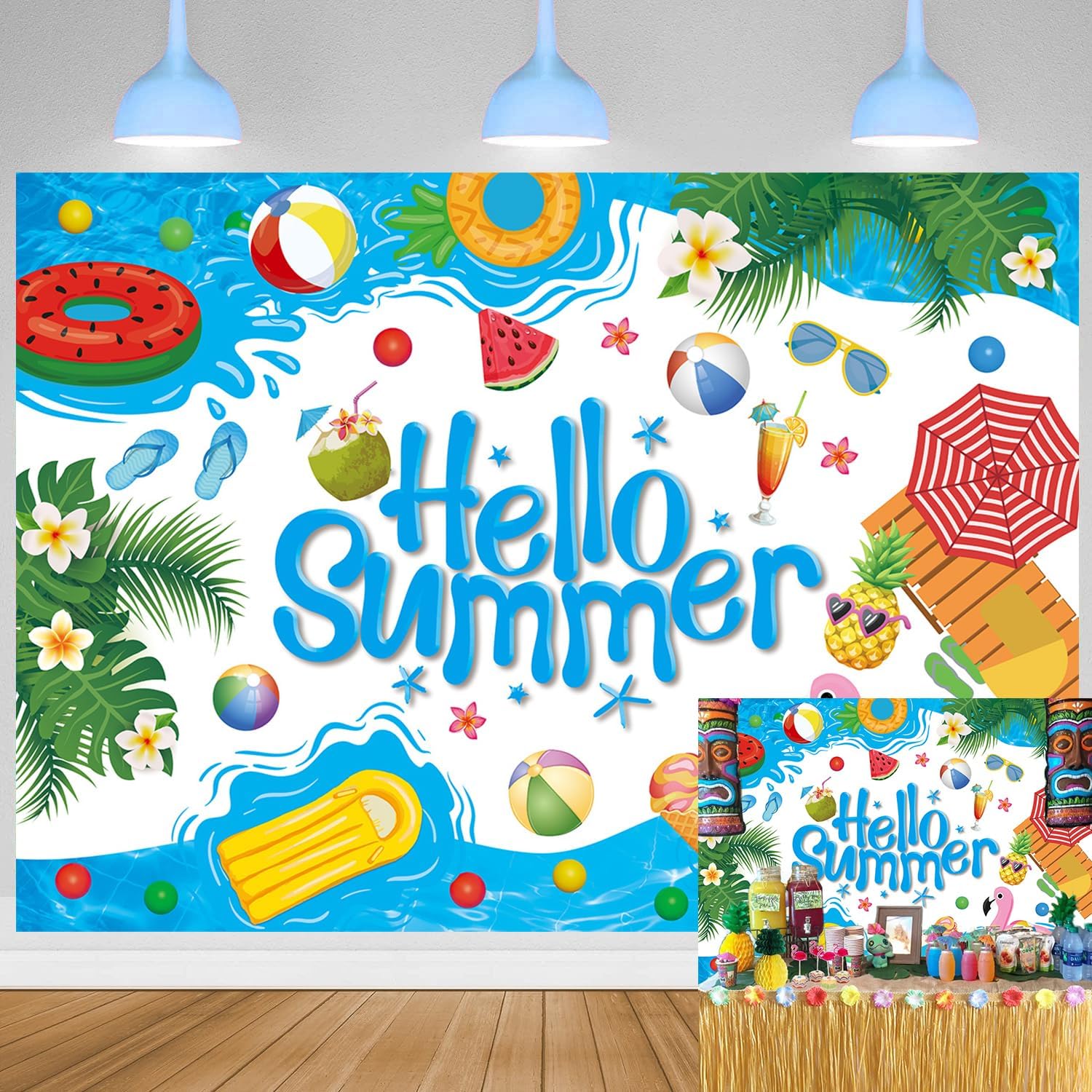 Amazon.com : XCKALI Hello Summer Backdrop Summer Pool Hawaiian Tropical ...