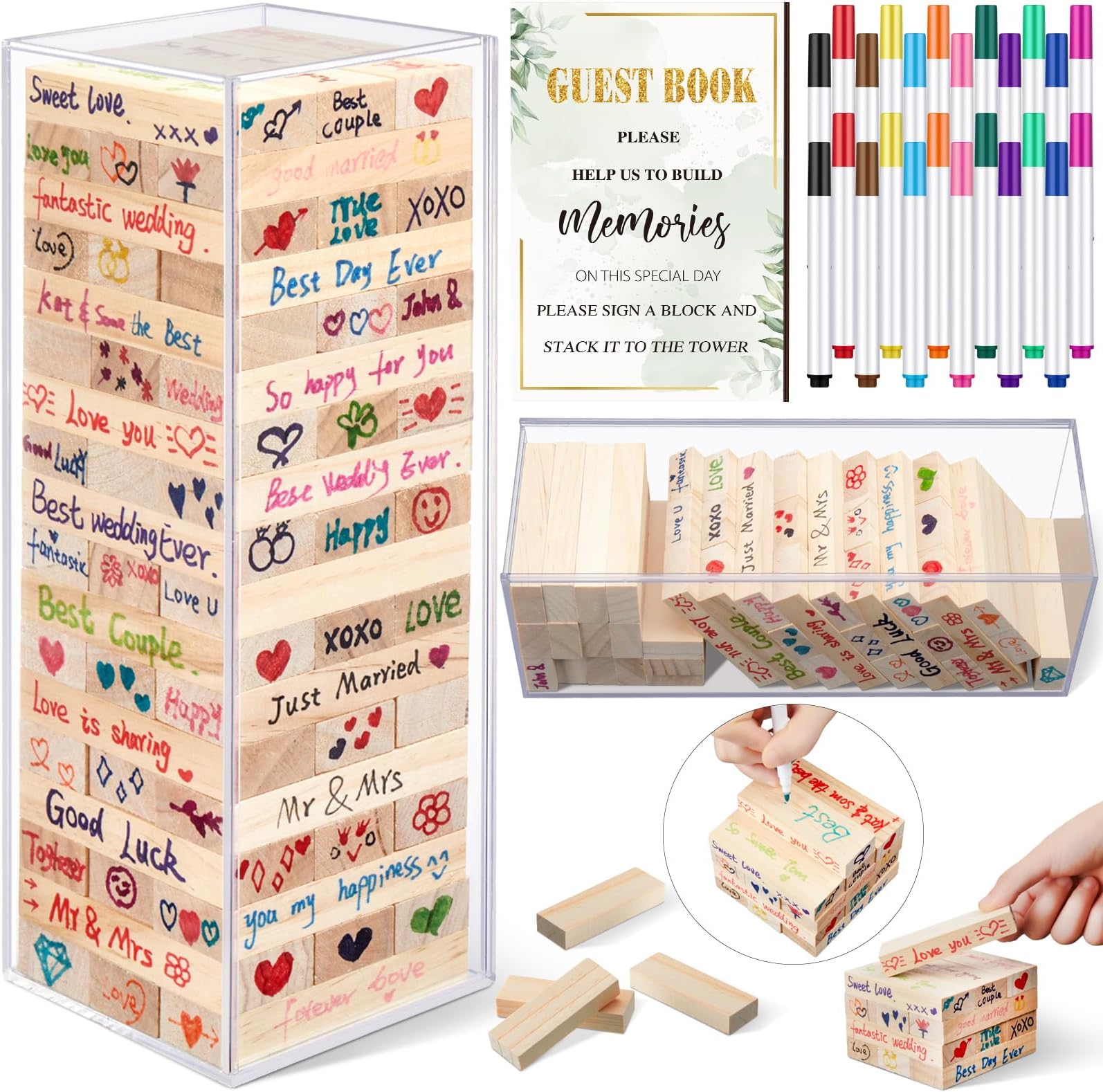 Amazon.com: Beeveer 80 Pcs Wedding Guest Book Alternative Wooden Block ...