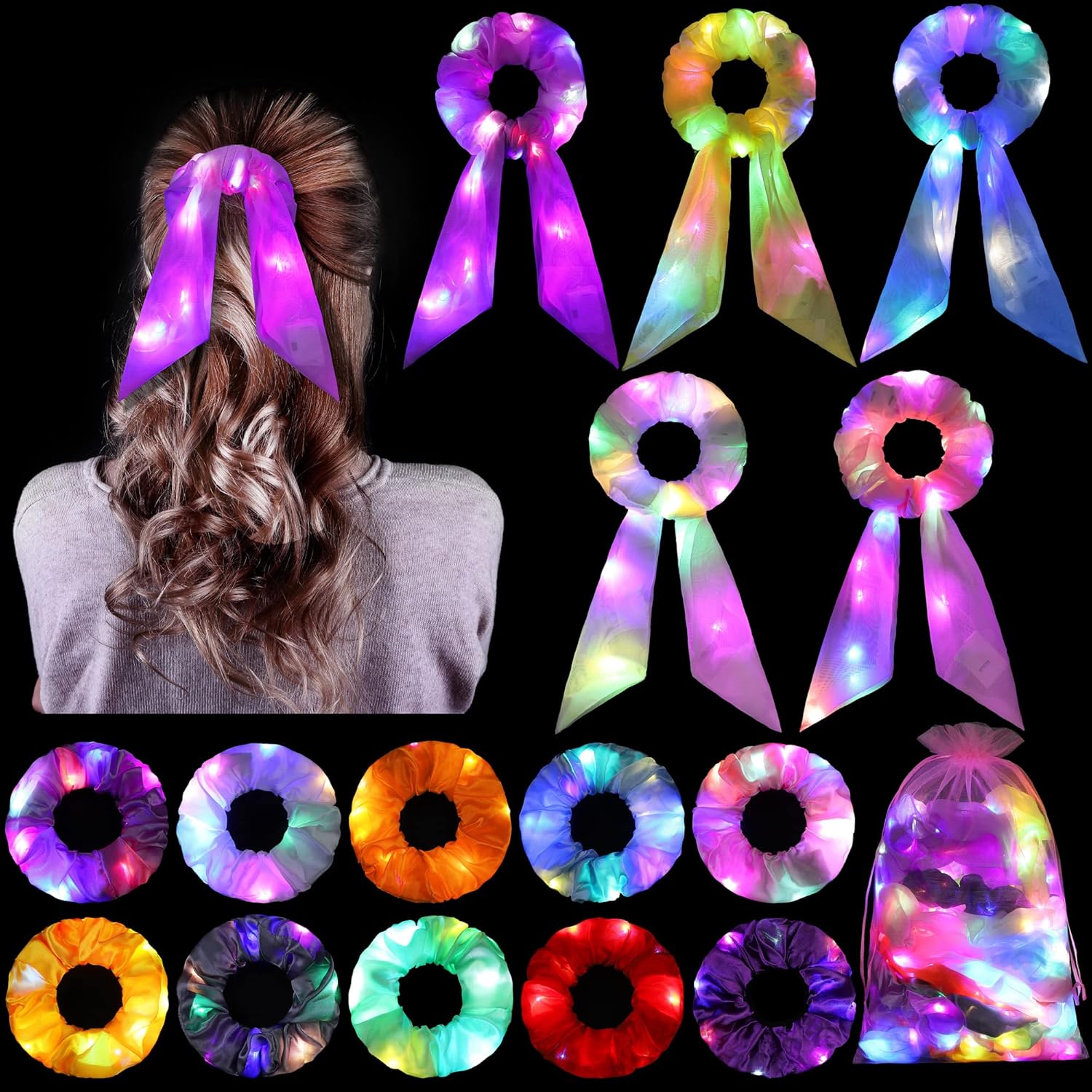 Amazon.com : Hiwooii 15 Count LED Light Up Hair Scrunchies in 10 Colors ...