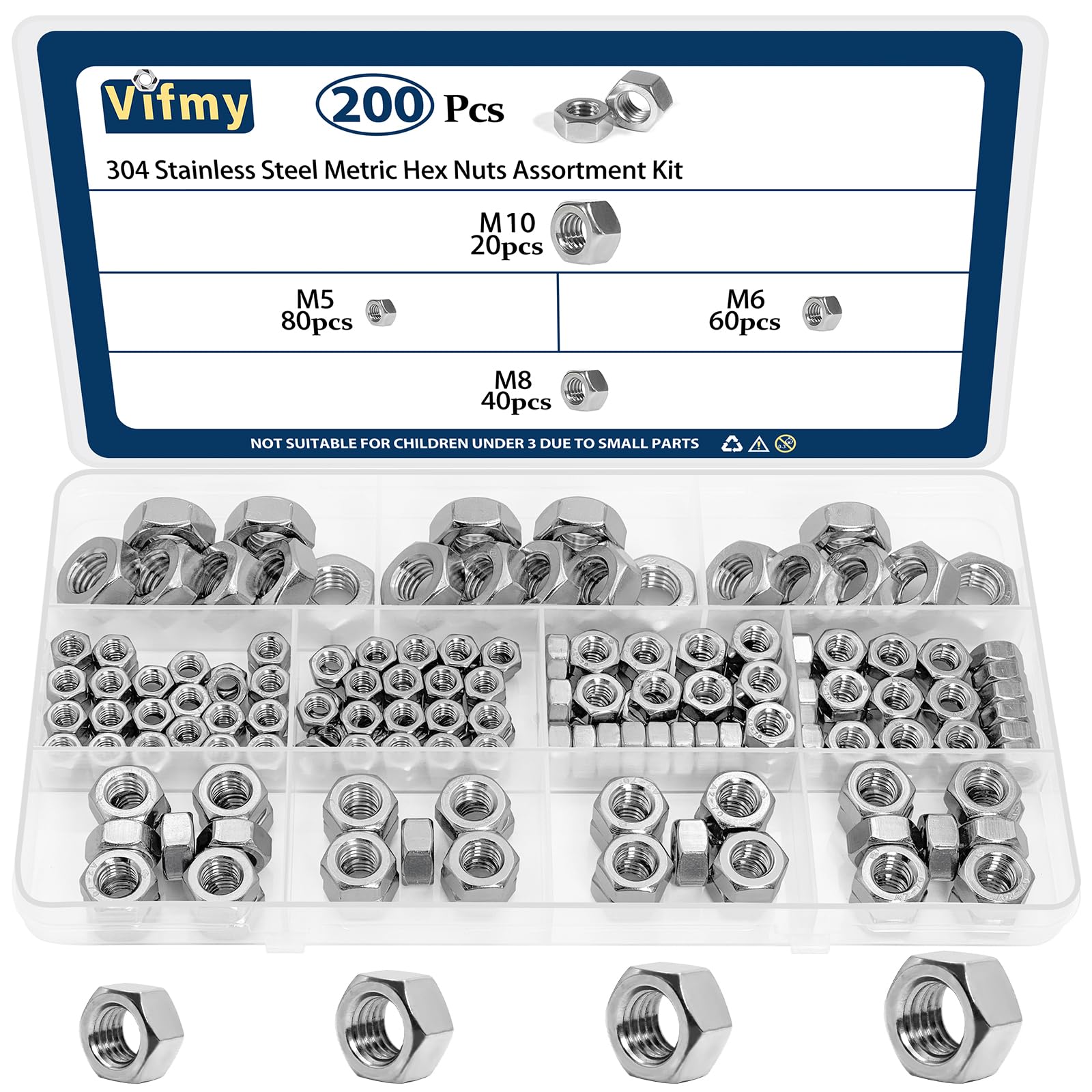 Snapklik.com : Vifmy 200Pcs Metric Hex Nuts Assortment Kit