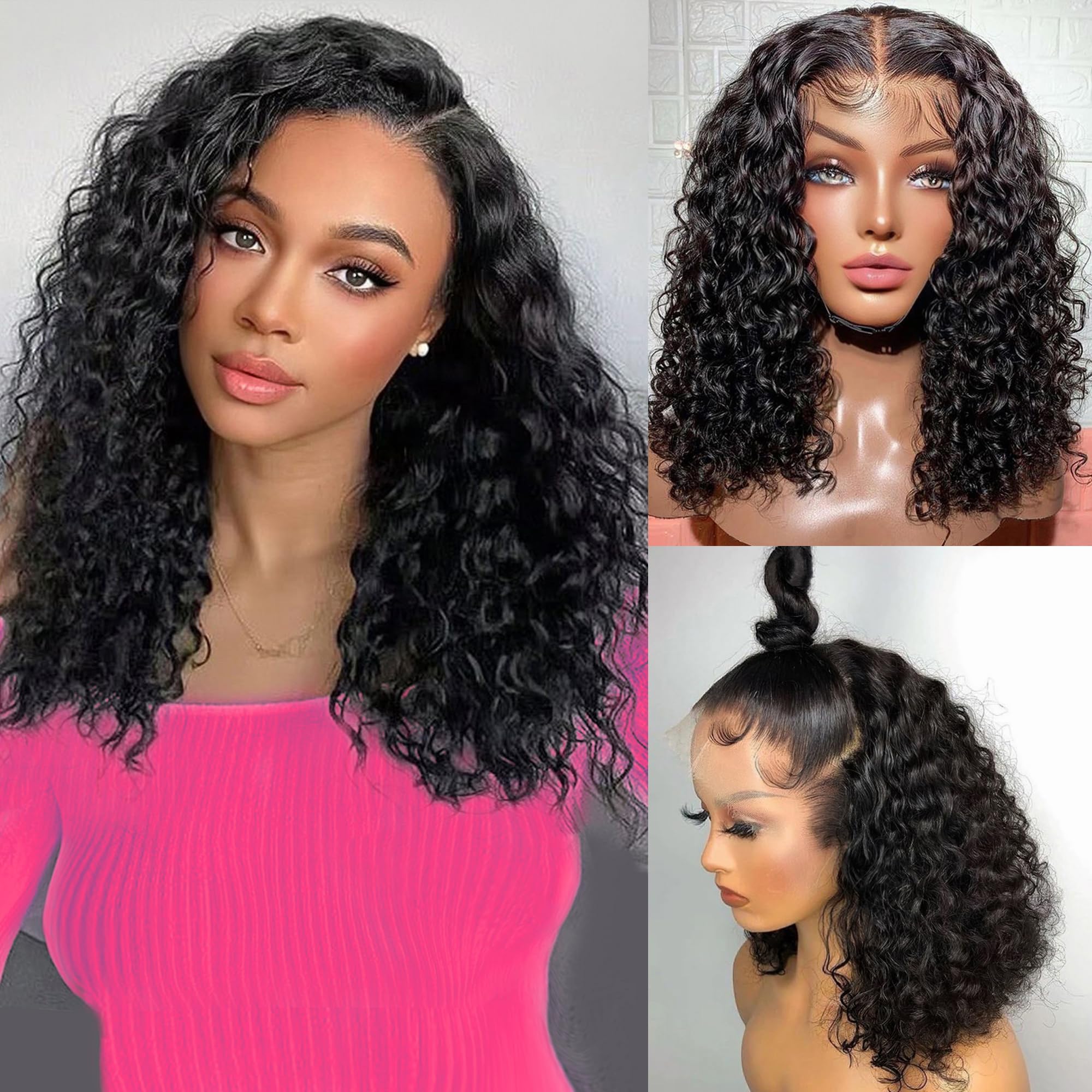 Amazon.com : RENUS 16 Inch Short Bob Wigs 13x4 Deep Wave Bob Wig Human ...