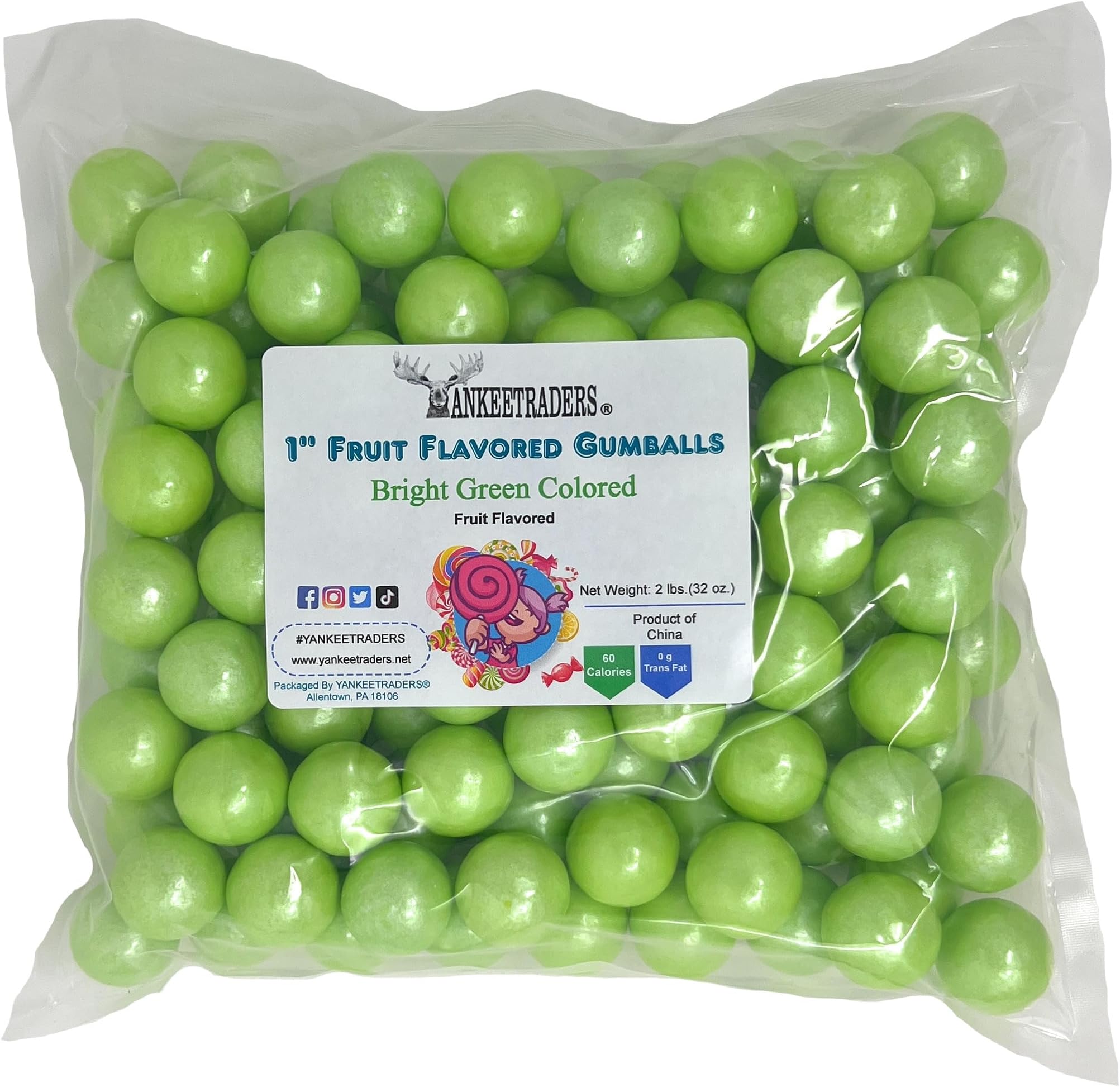 Amazon.com : YANKEETRADERS Bright Green Fruit Flavored Gumballs 1", 2 ...